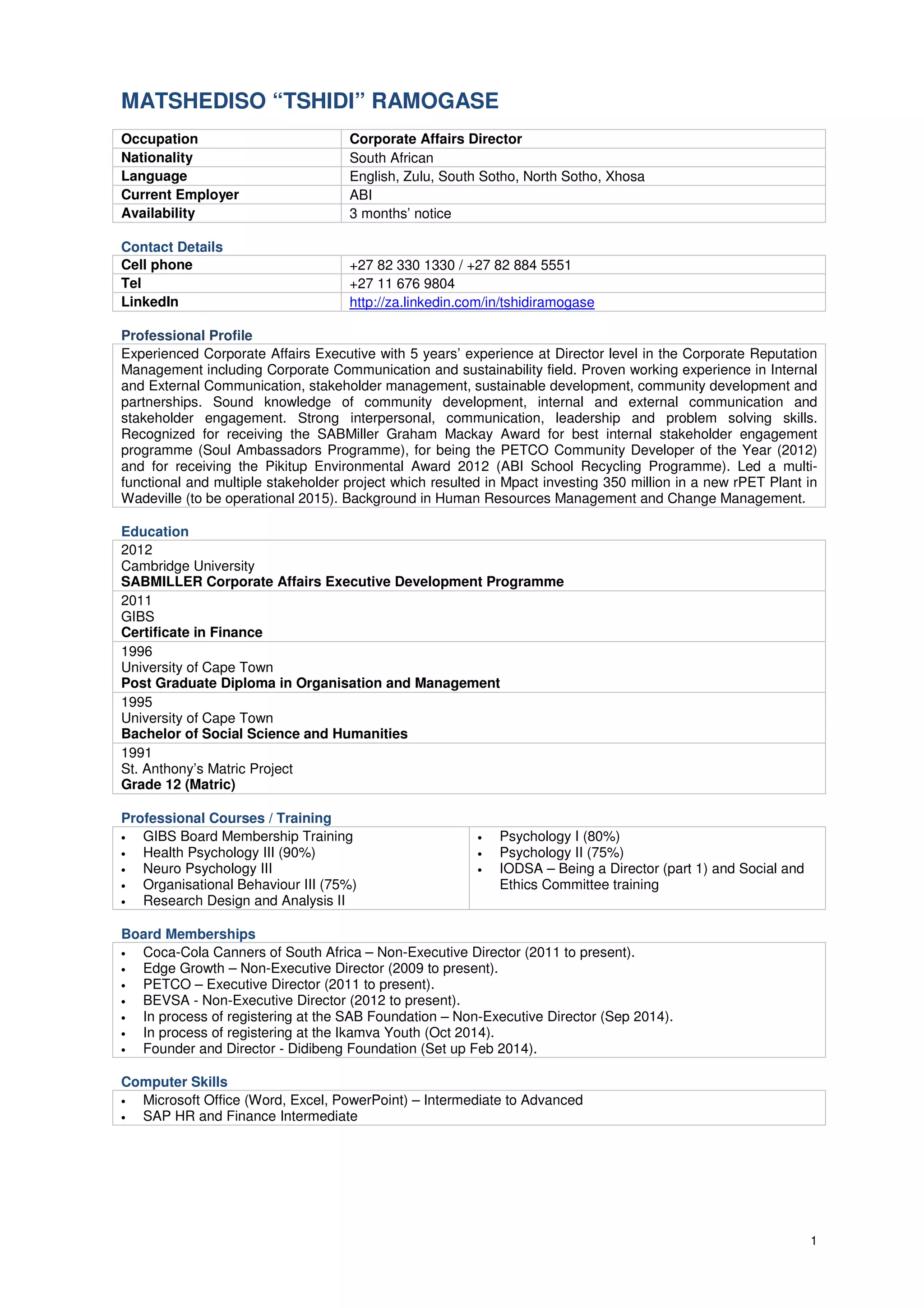 Matshediso Tshidi Ramogase CV_updated 7 Jan 2015 | PDF