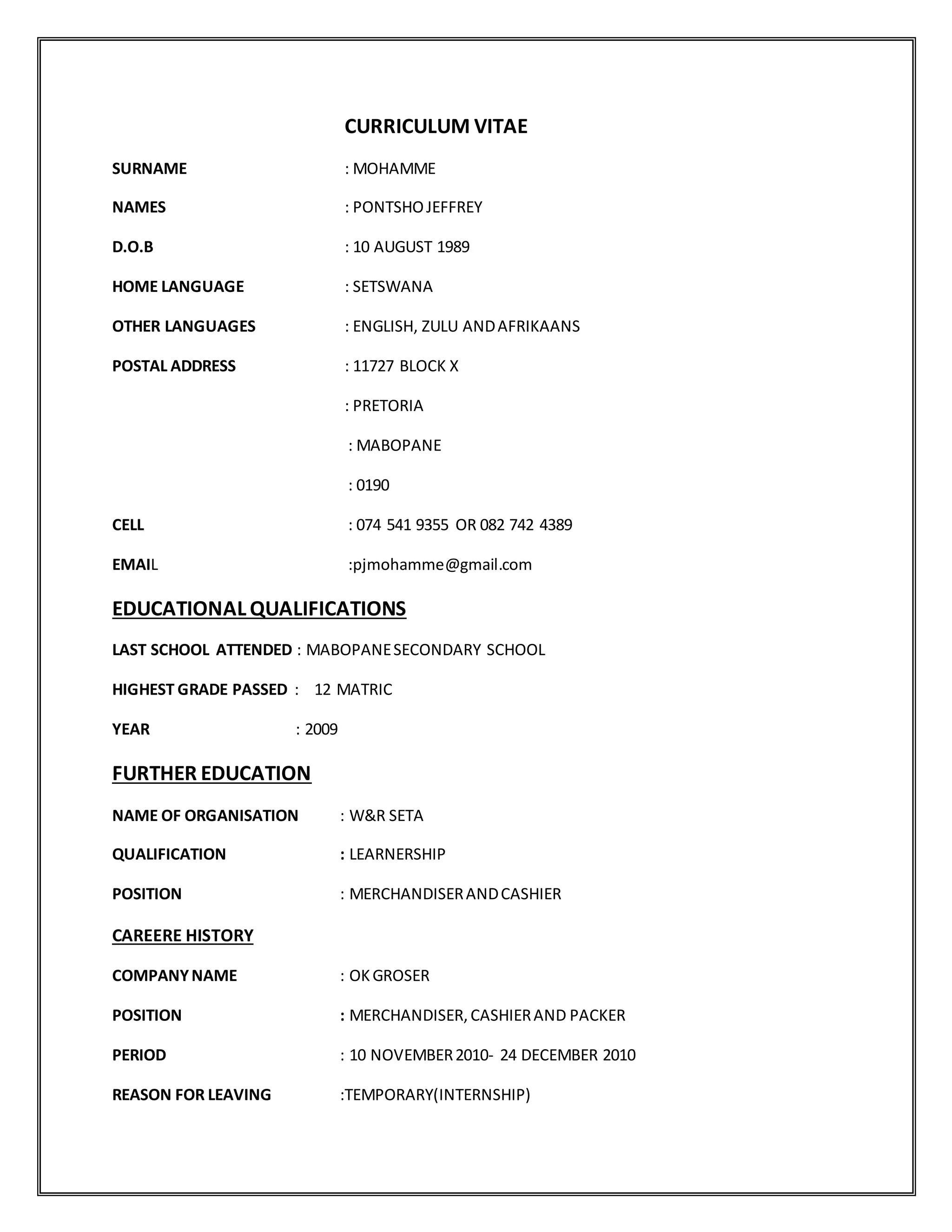 CURRICULUM VITAE PONTSHO | DOCX