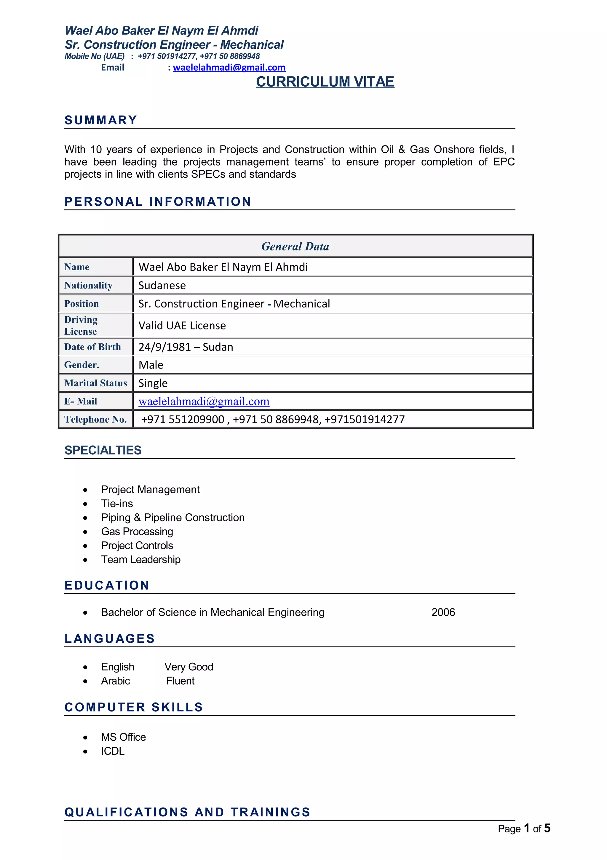 Wael El Ahmadi 2016 - Sr. Construction Engineer - Mechanical -Cv | DOC