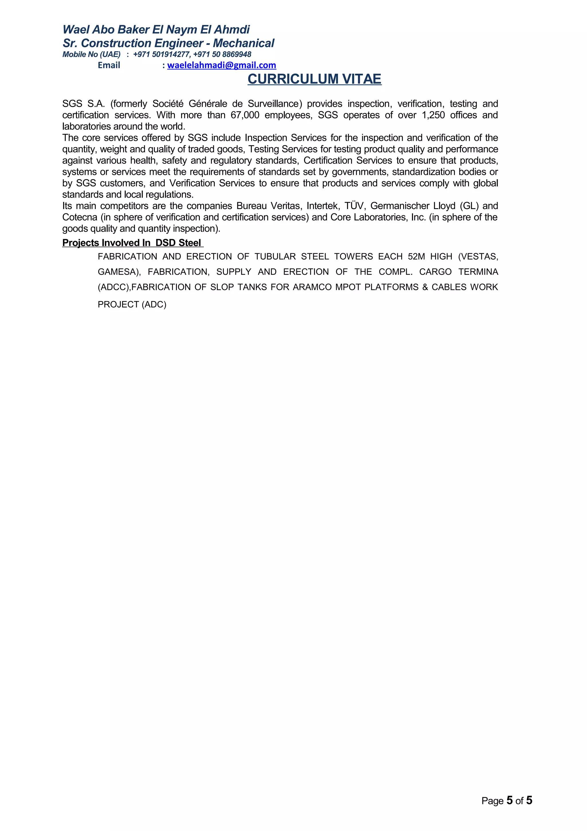 Wael El Ahmadi 2016 - Sr. Construction Engineer - Mechanical -Cv | DOC