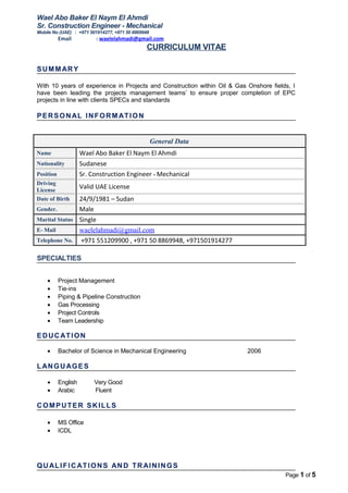 Wael El Ahmadi 2016 - Sr. Construction Engineer - Mechanical -Cv | DOC