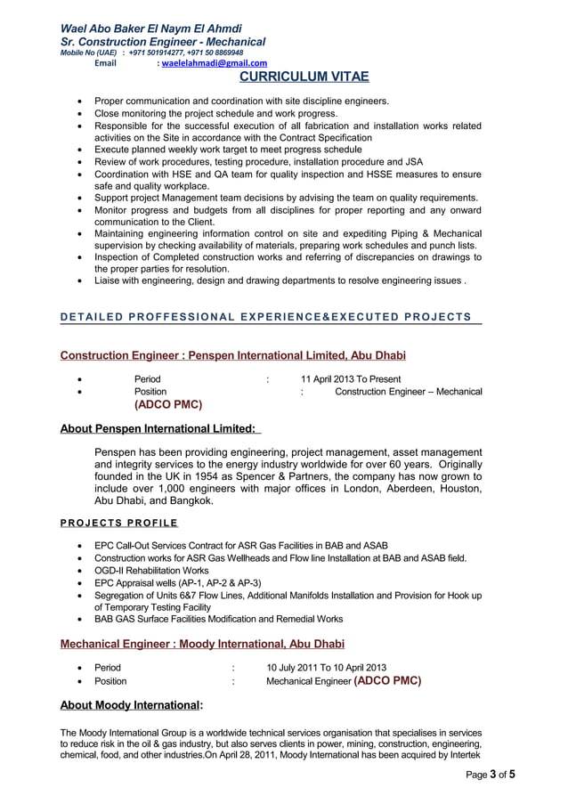 Wael El Ahmadi 2016 - Sr. Construction Engineer - Mechanical -Cv | PDF | Free Download