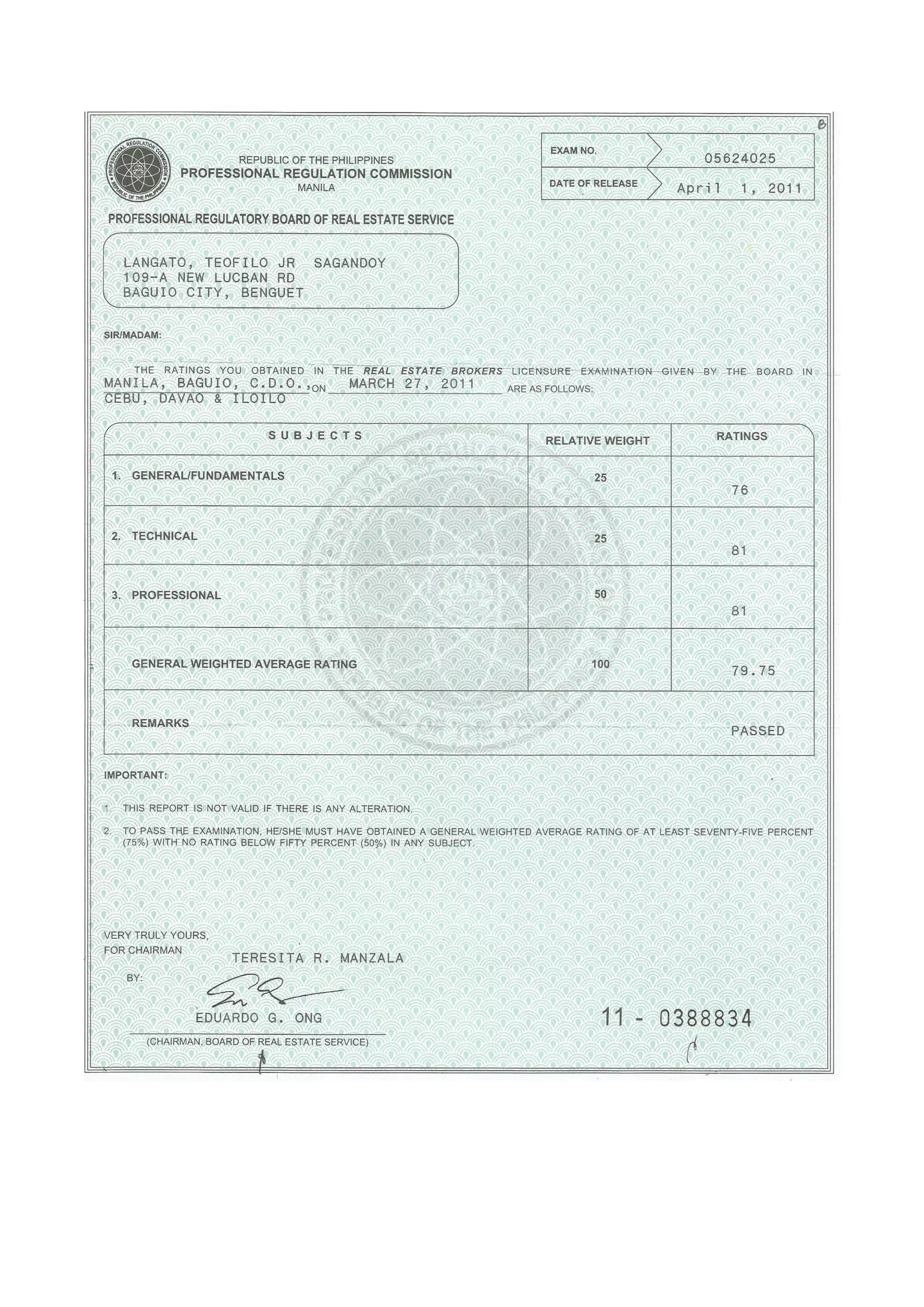 PRC Rating on Real Estate Broker - Teofilo Langato | PDF
