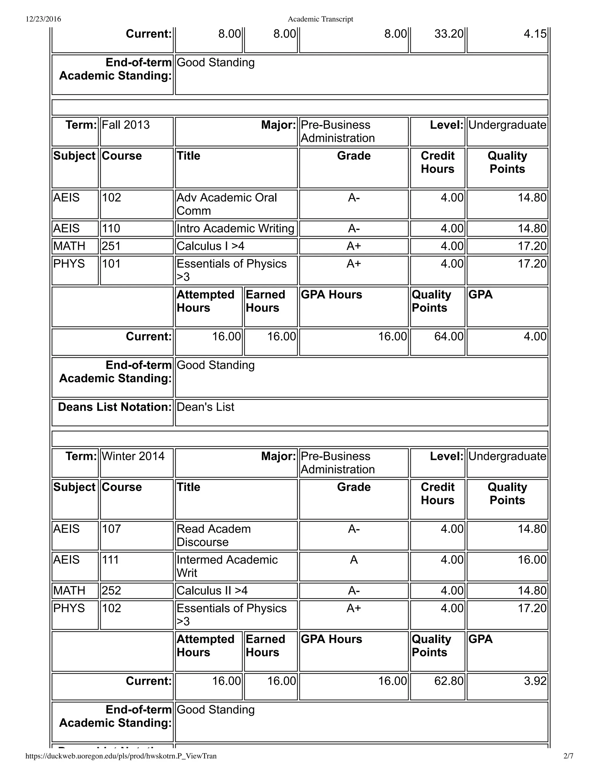 Academic Transcript | PDF