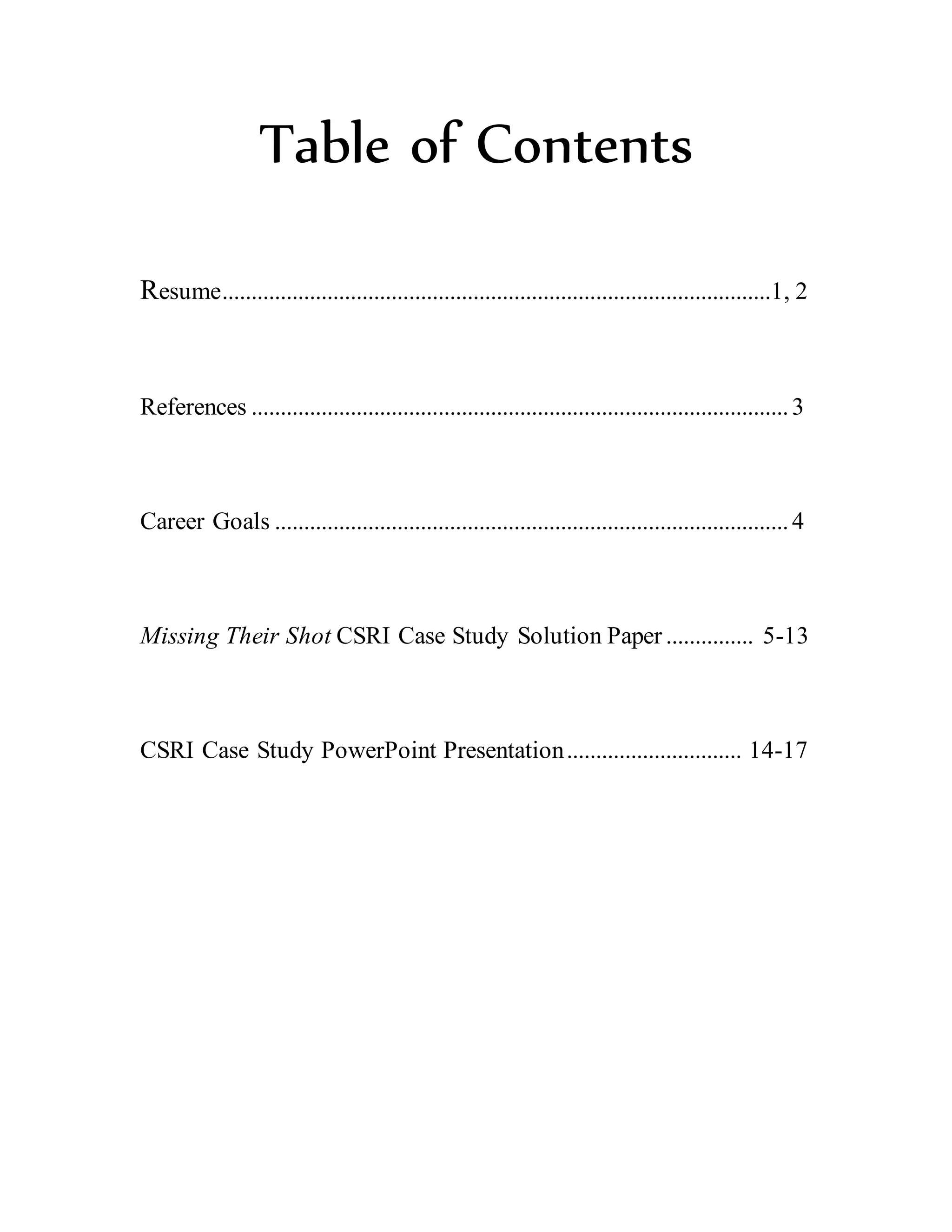 TimKayCareerPortfolioTableofContents | DOCX