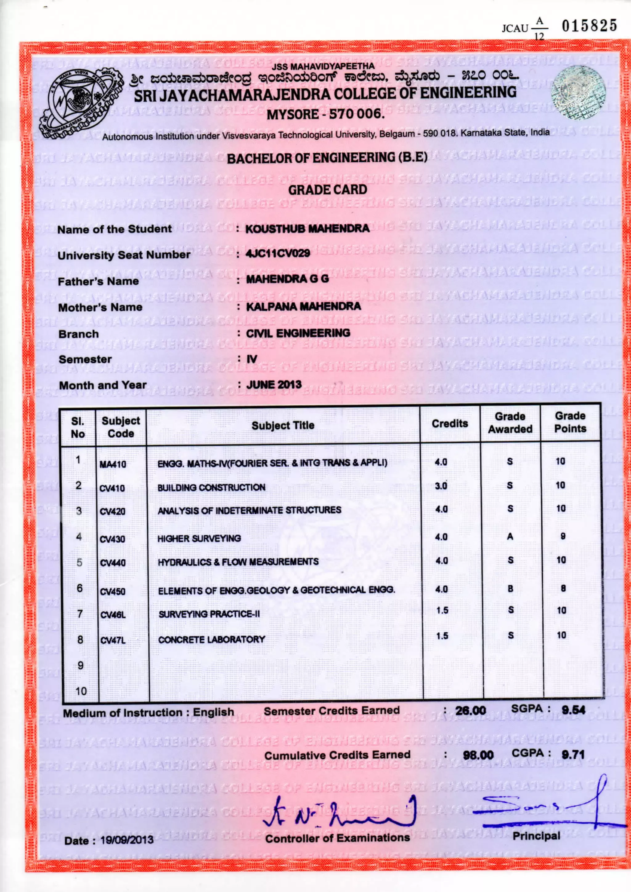 B E marks card | PDF