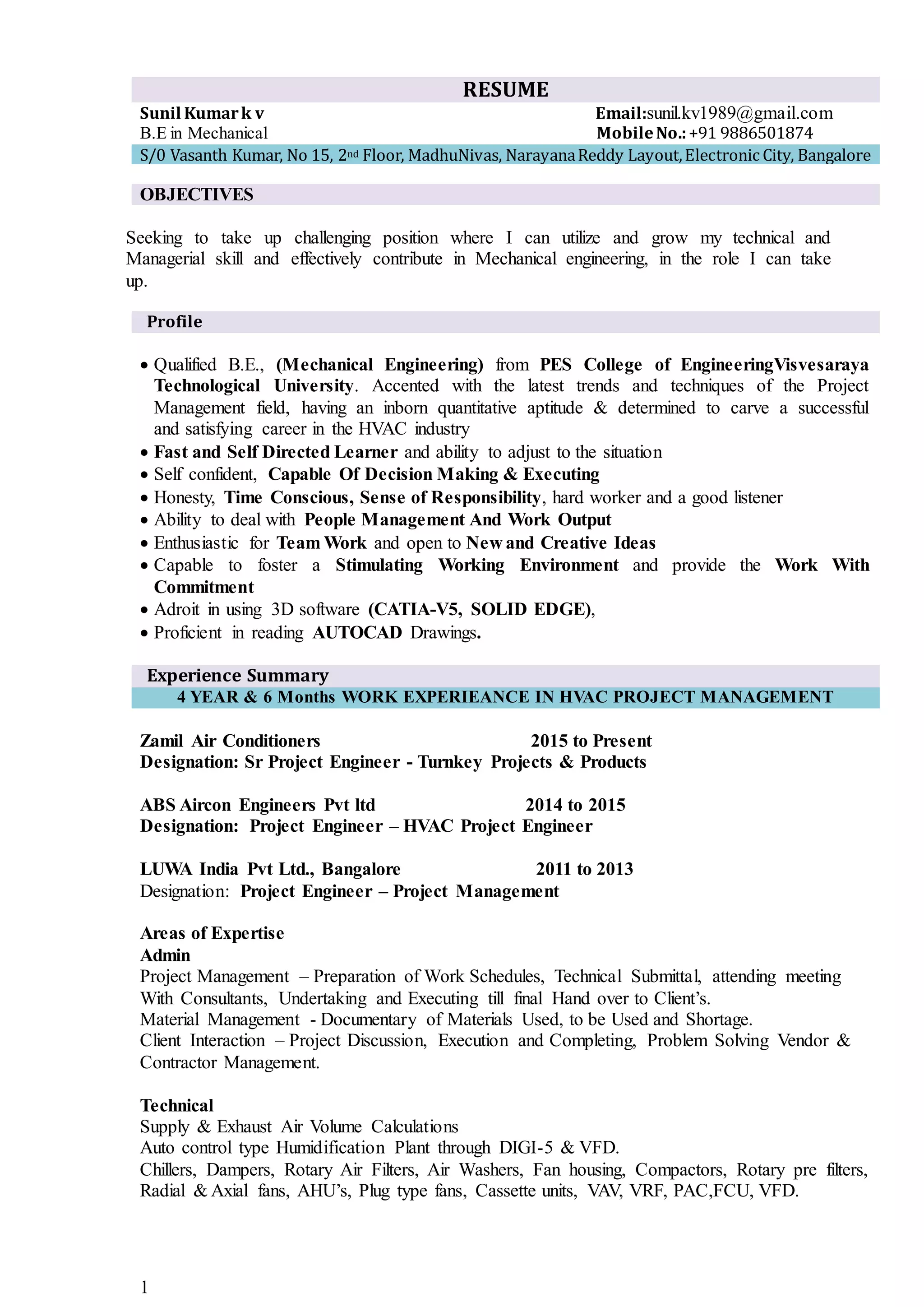 Sunil Kumar K V- Mechanical Resume | DOCX | Civil Engineering Industry | Industries
