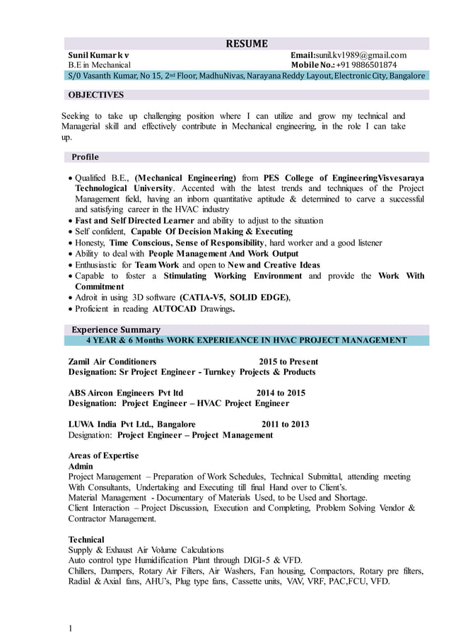Sunil Kumar K V- Mechanical Resume | DOCX | Civil Engineering Industry | Industries