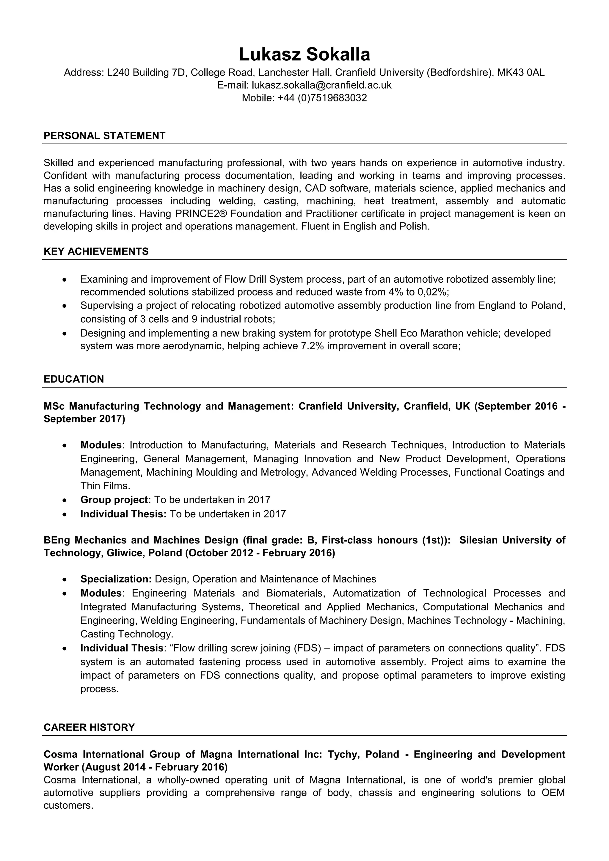 CV Lukasz Sokalla | PDF