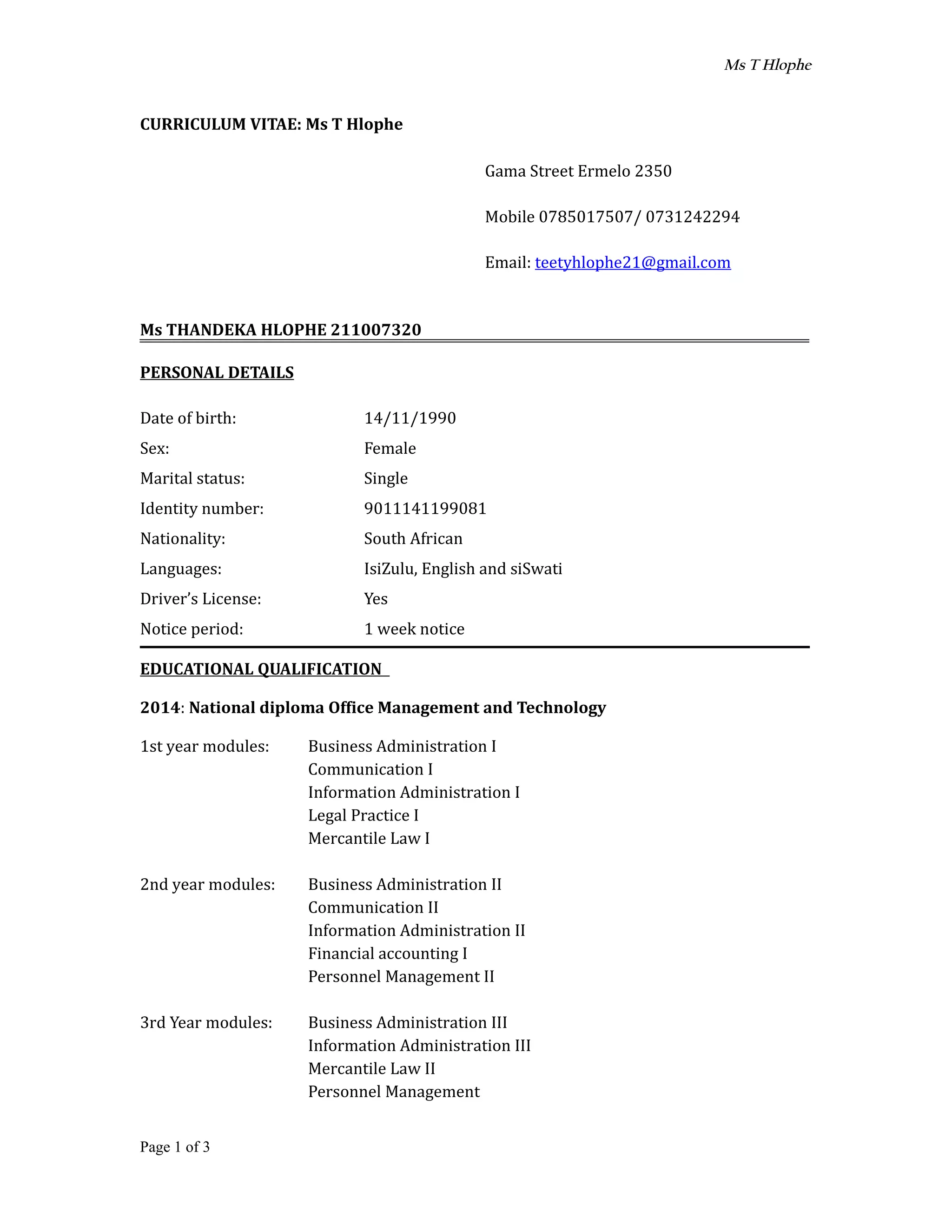 cv (1 thandeka | ODT