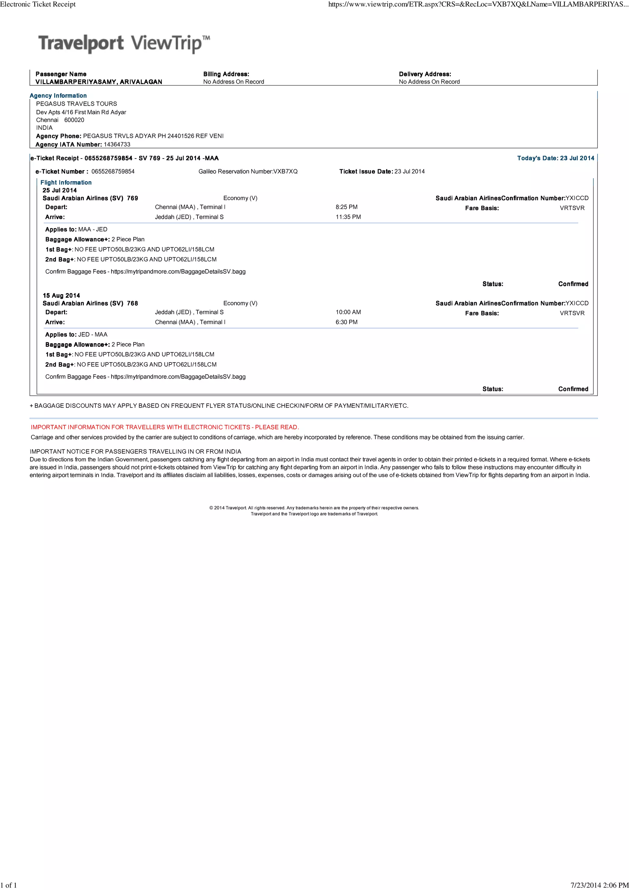 Electronic Ticket Receipt | PDF