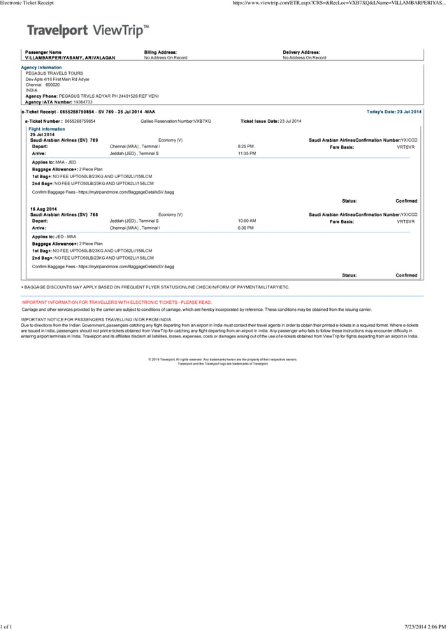 Electronic Ticket Receipt | PDF