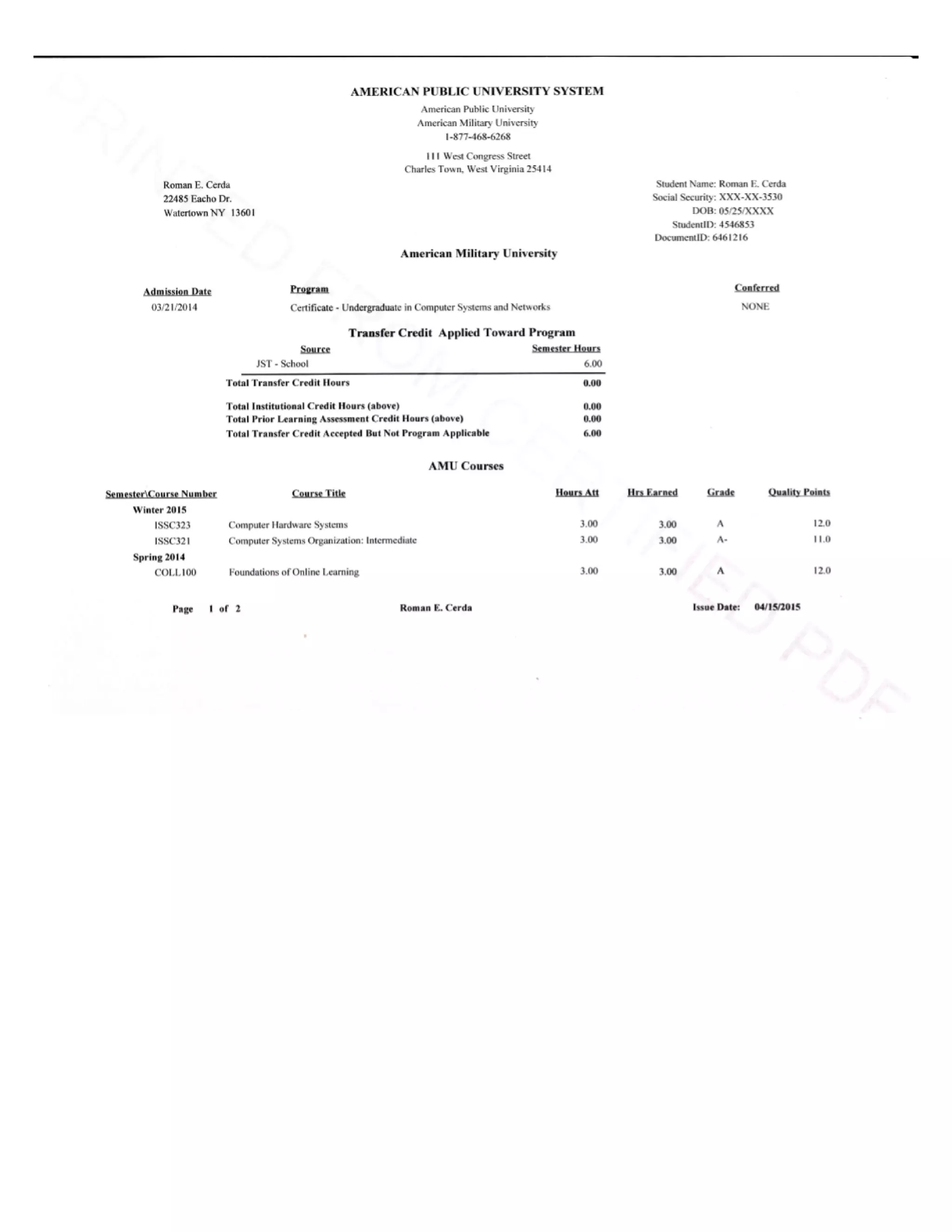 College Transcript 1 | PDF