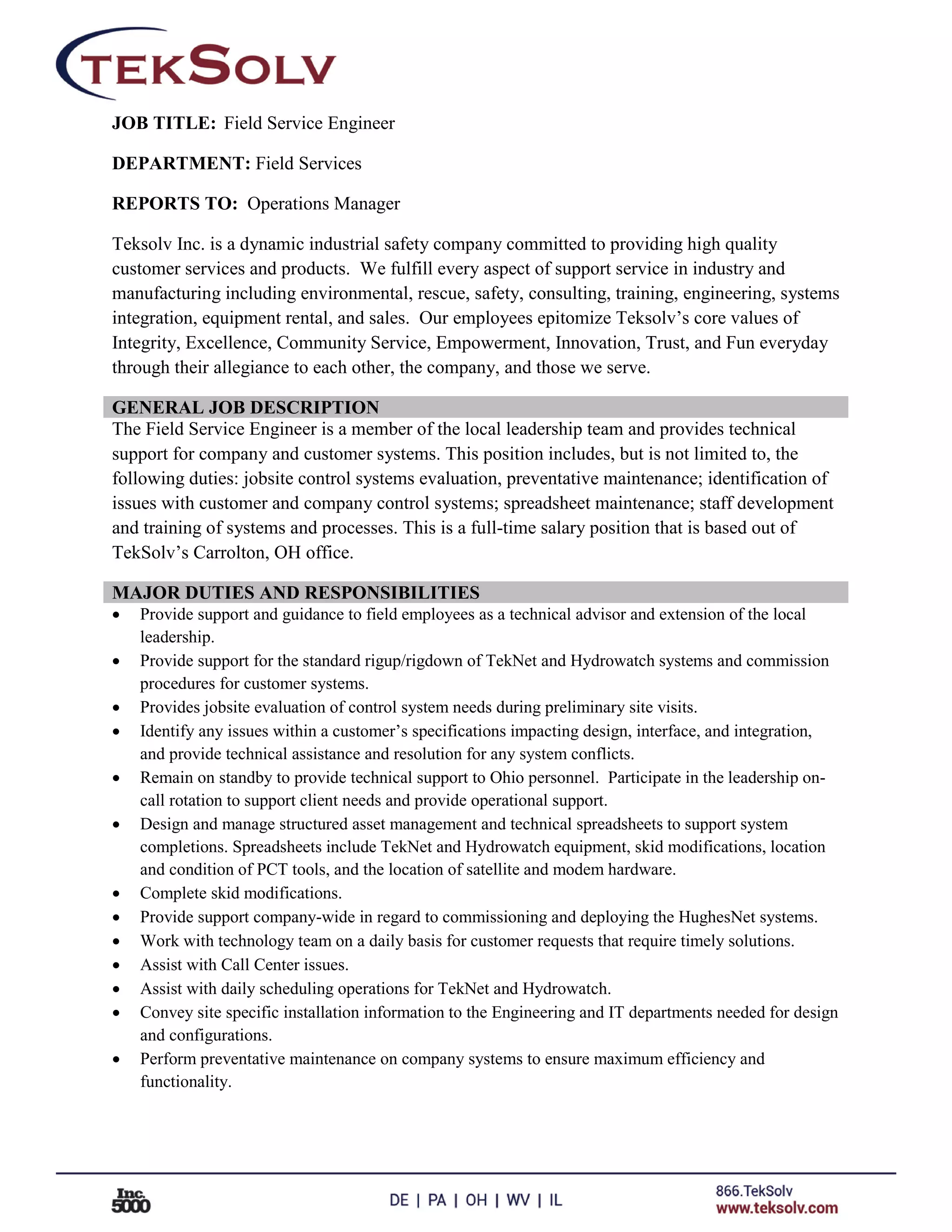 Field Service Engineer Job Description | PDF