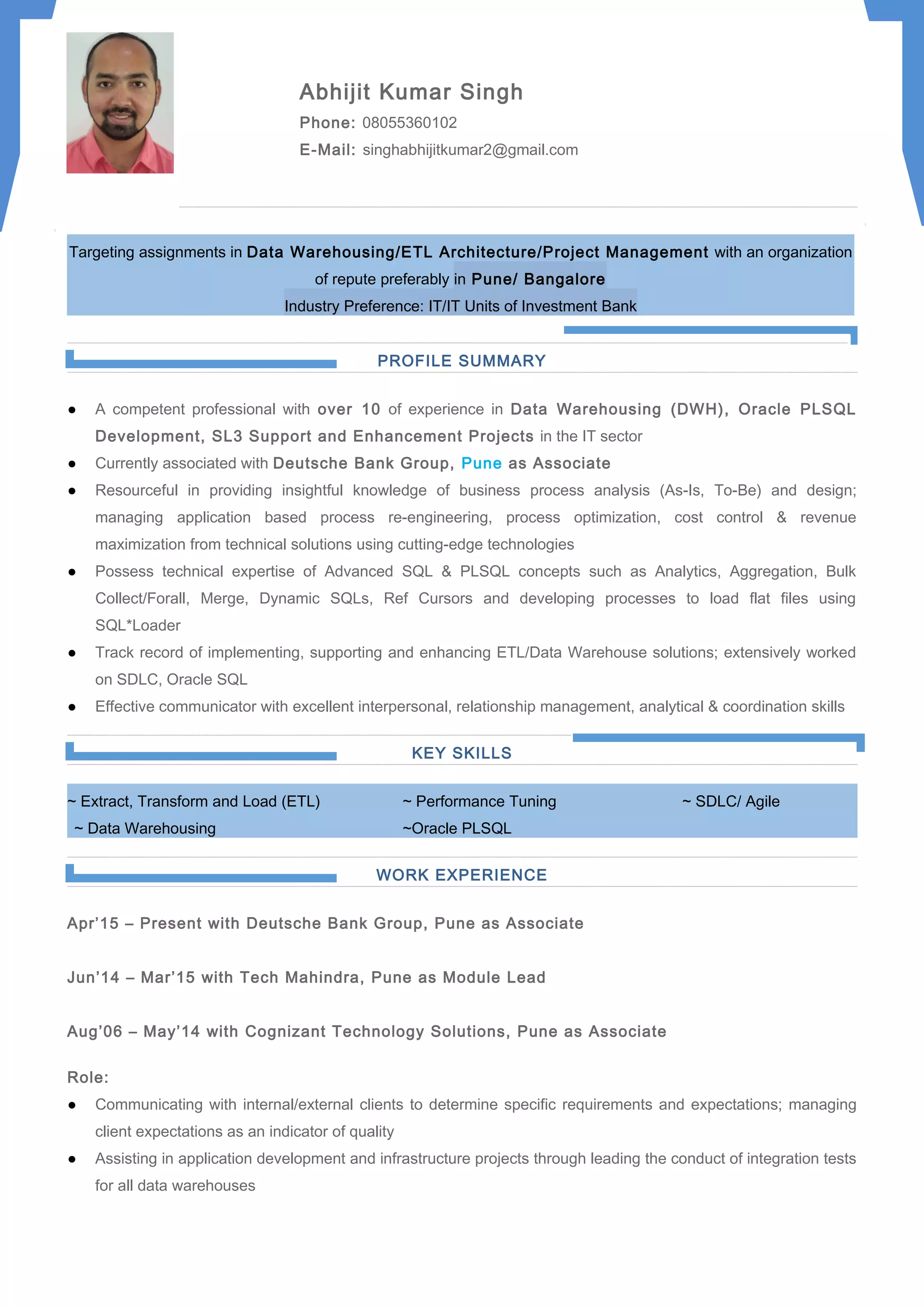 Abhijit 10 years Oracle PLSQL, Shell Scripting, Unix, DataWarehousing | PDF