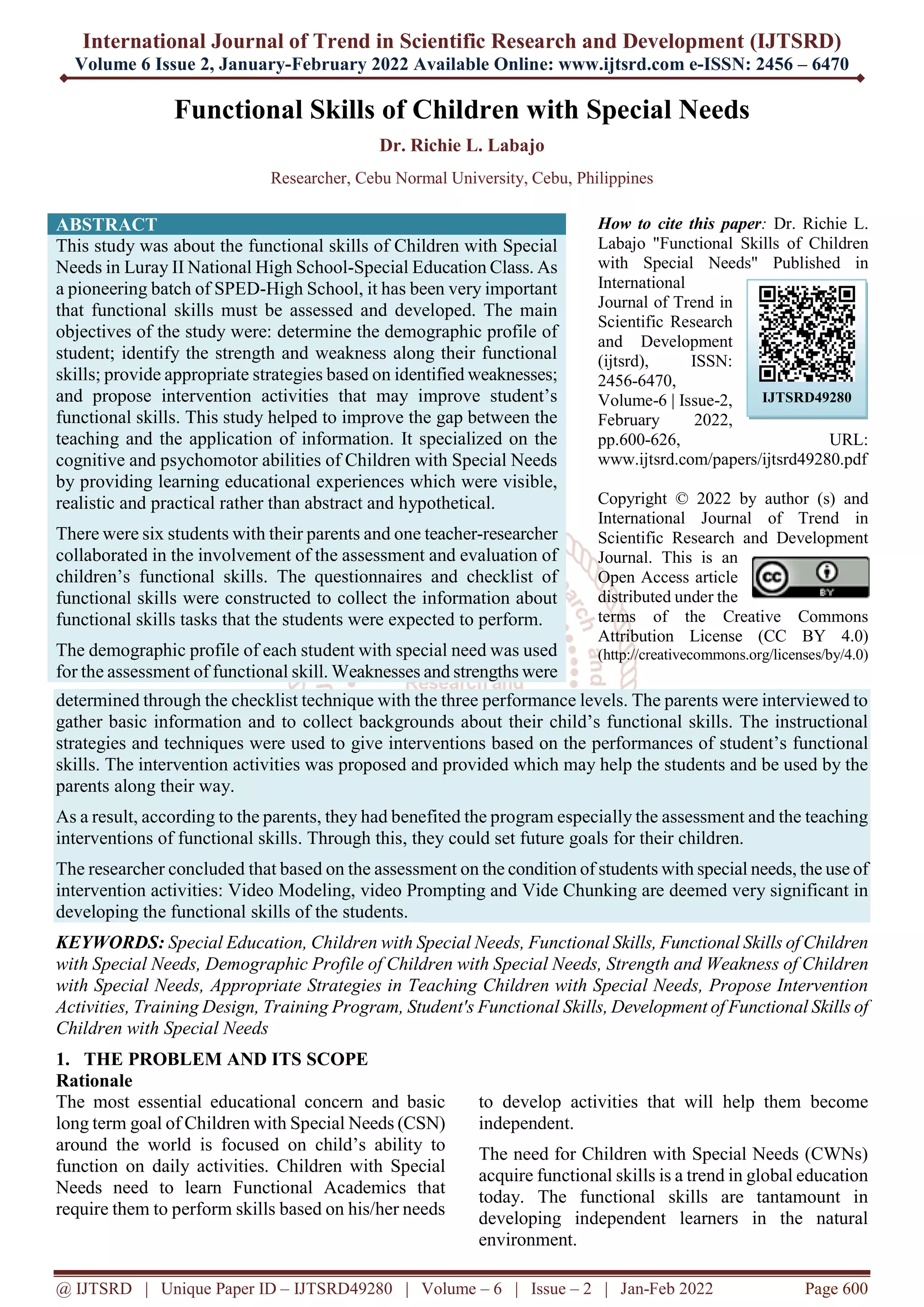 Functional Skills of Children with Special Needs | PDF