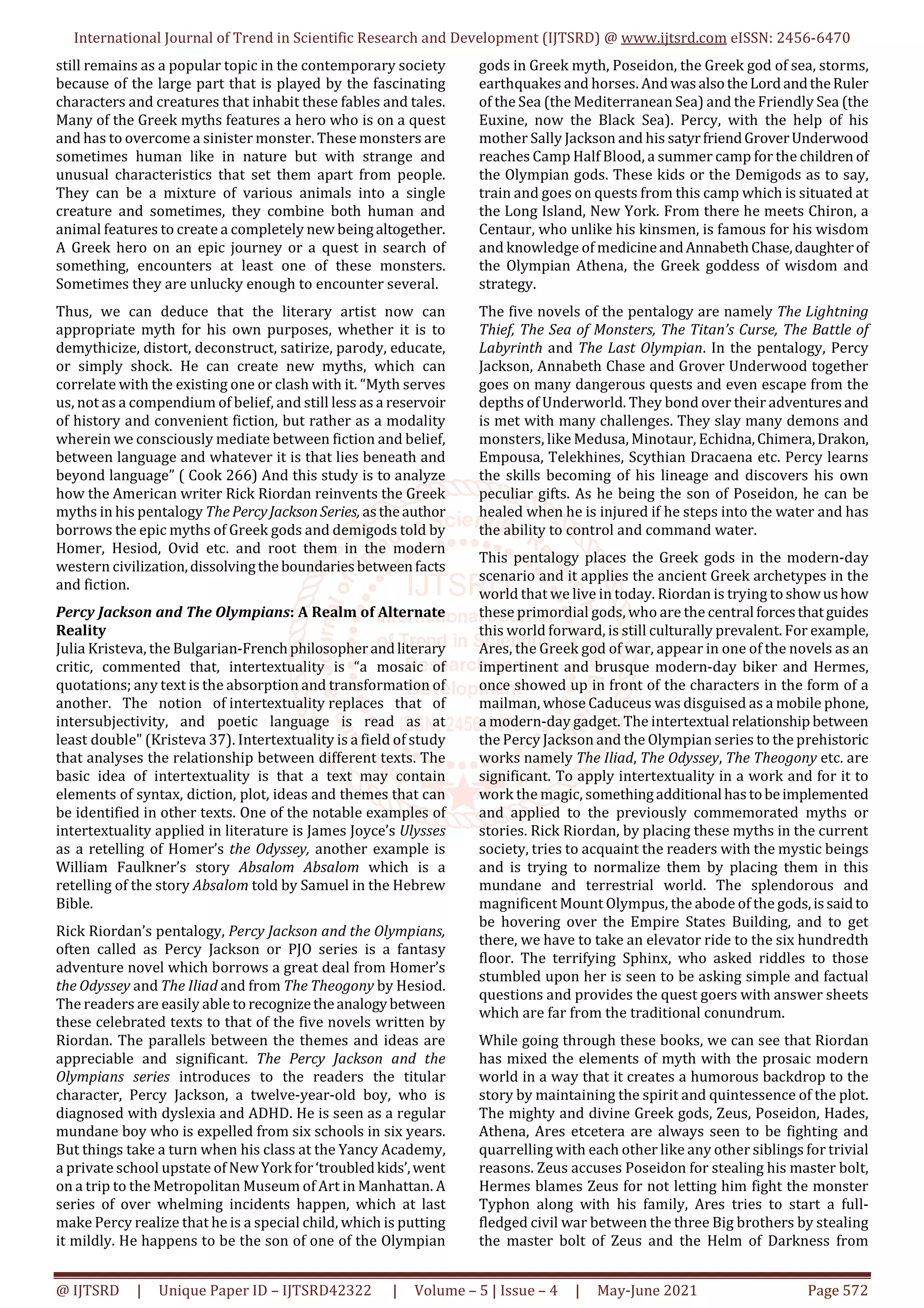 Reimagination of Greek Mythology in Rick Riordan’s Percy Jackson and ...