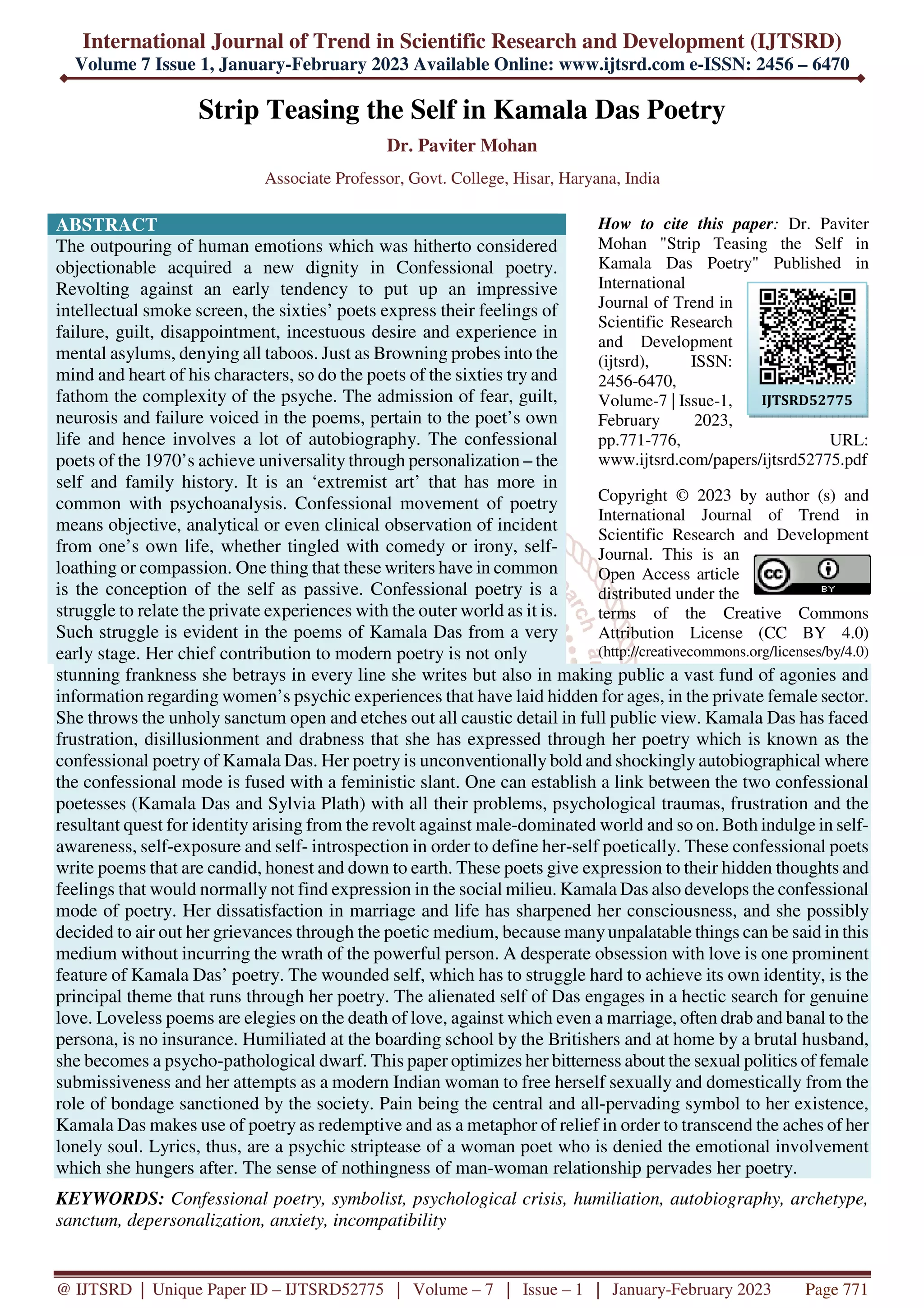 Strip Teasing the Self in Kamala Das Poetry | PDF