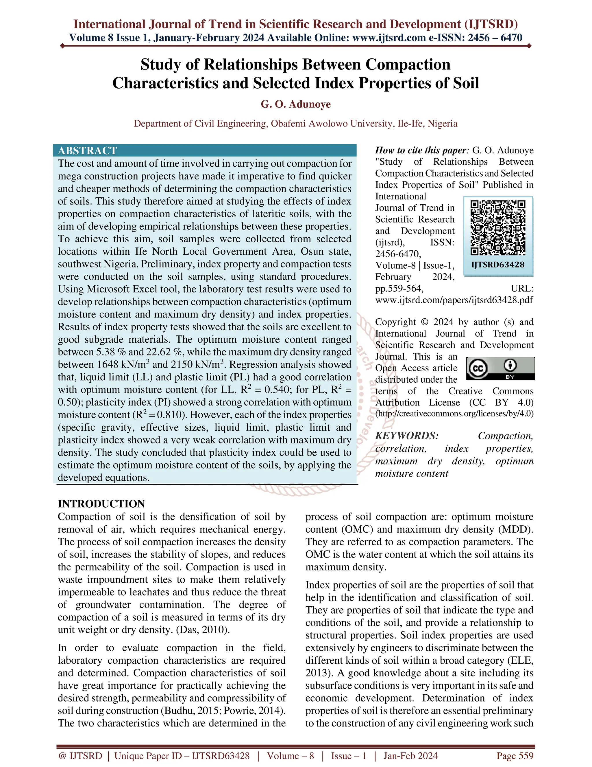 Study of Relationships Between Compaction Characteristics and Selected Index Properties of Soil ...