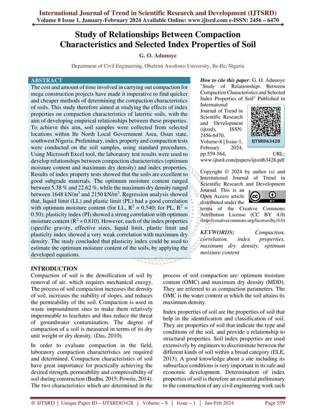 Study of Relationships Between Compaction Characteristics and Selected Index Properties of Soil ...