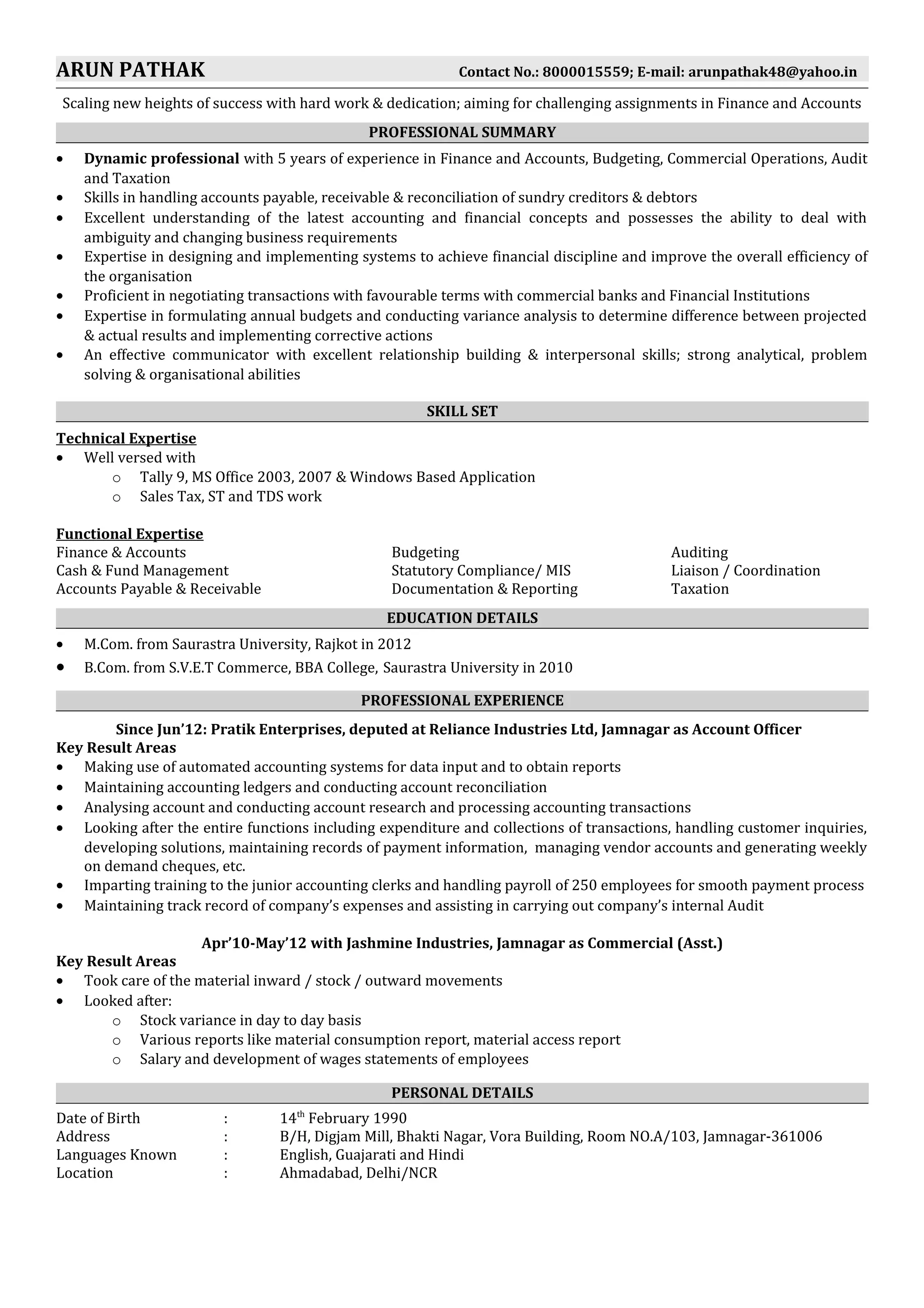 resume_arun | DOC | Business Accounting & Finance | Business