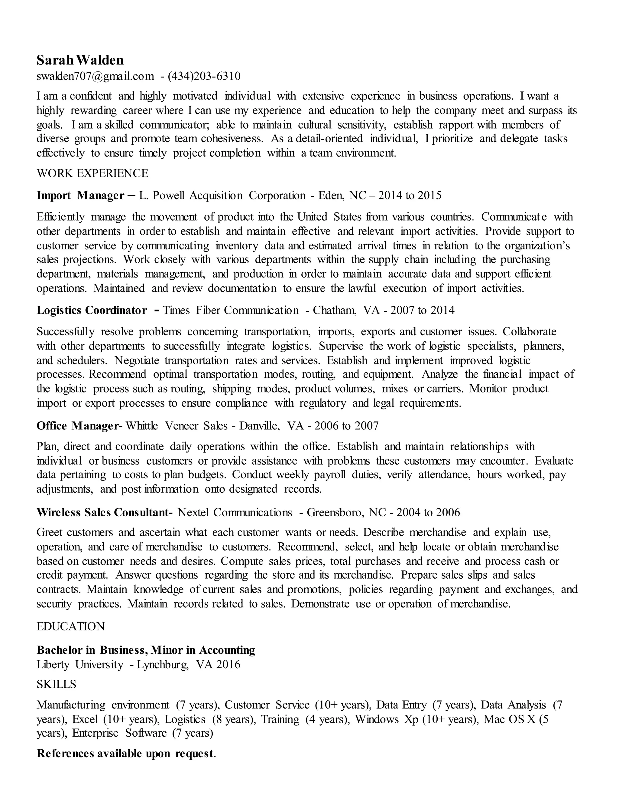 Sarah Walden Resume 2016 | DOCX | Logistics | Business