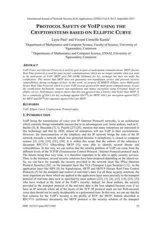 PROTOCOL SAFETY OF VOIP USING THE CRYPTOSYSTEMS BASED ON ELLIPTIC CURVE | PDF