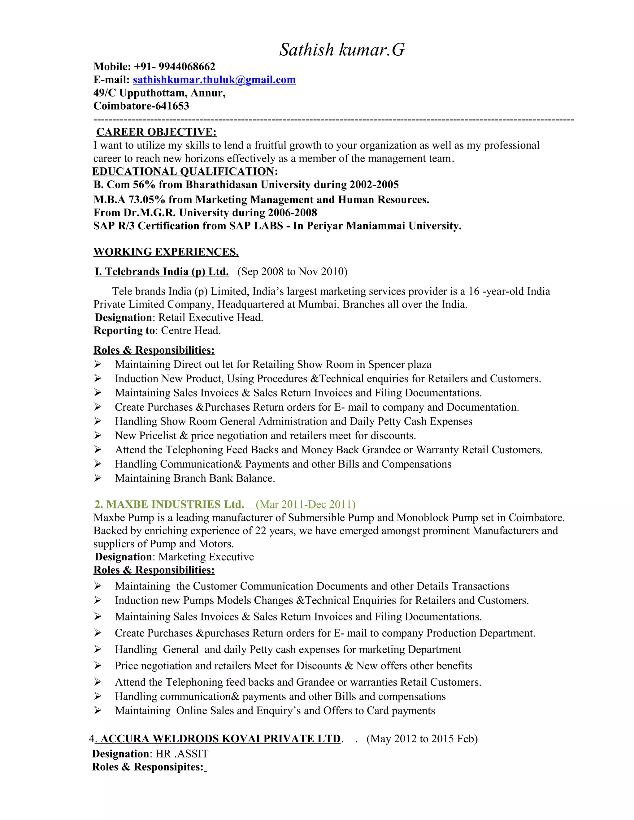 SATHISH KUMAR RESUME | DOC | Human Resources | Business
