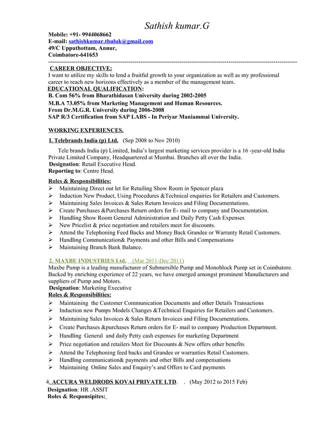 SATHISH KUMAR RESUME | DOC | Human Resources | Business