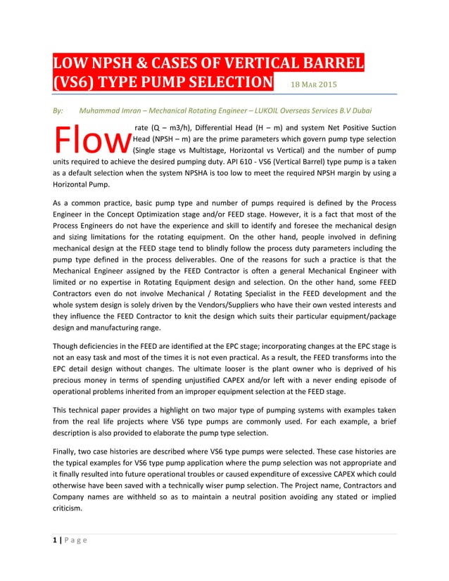 LOW NPSH & CASES OF VERTICAL BARREL (VS6) TYPE PUMP SELECTION | PDF ...