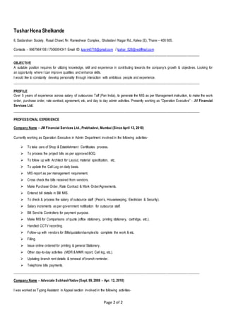 CV - Tushar Shelkande | DOCX | Resume Writing and Advice | Job Search