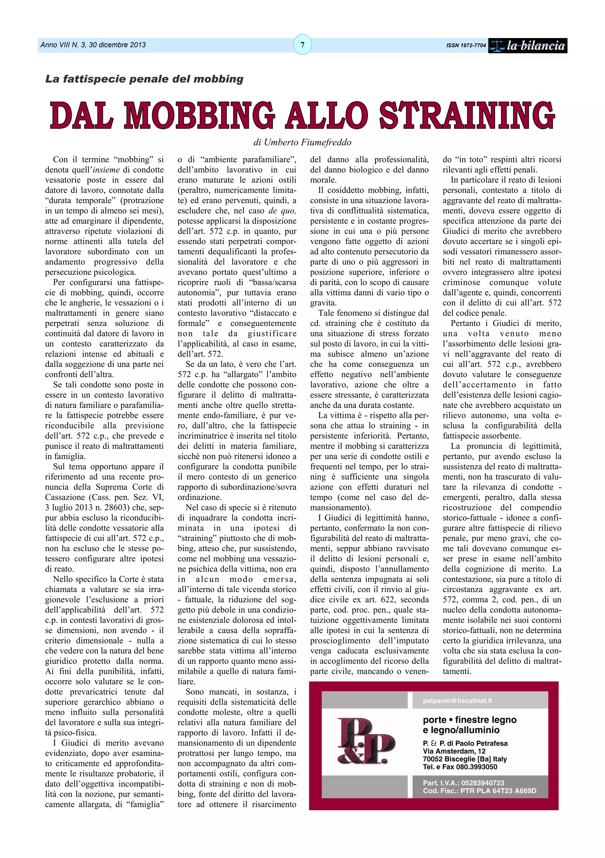 LA FATTISPECIE PENALE DEL MOBBING - DAL MOBBING ALLO STRAINING di Umberto Fiumefreddo | PDF