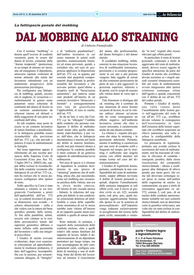 LA FATTISPECIE PENALE DEL MOBBING - DAL MOBBING ALLO STRAINING di Umberto Fiumefreddo | PDF