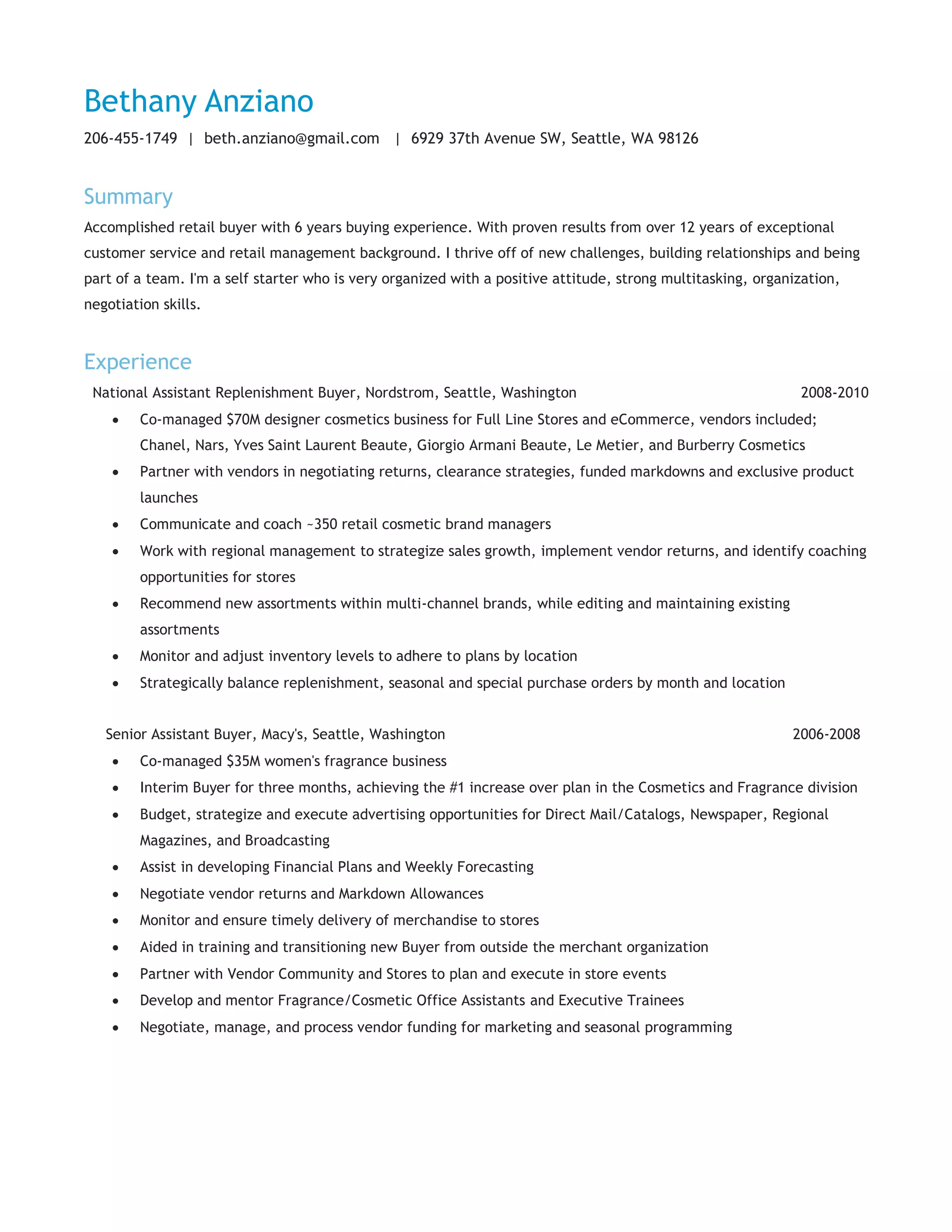 Bethany Anziano updated Resume | PDF | Retail Industry | Industries