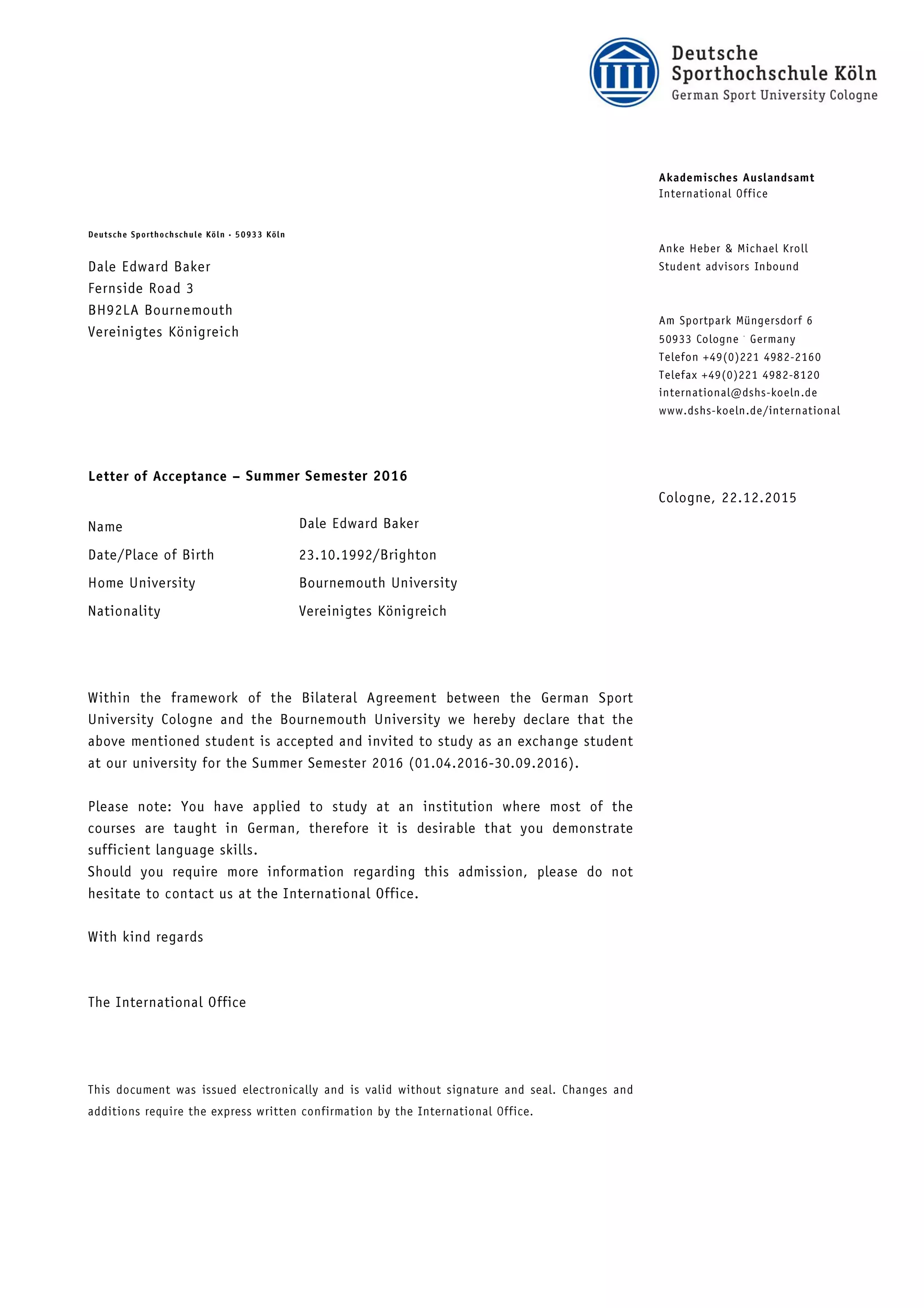 Cologne University Offer Letter | PDF