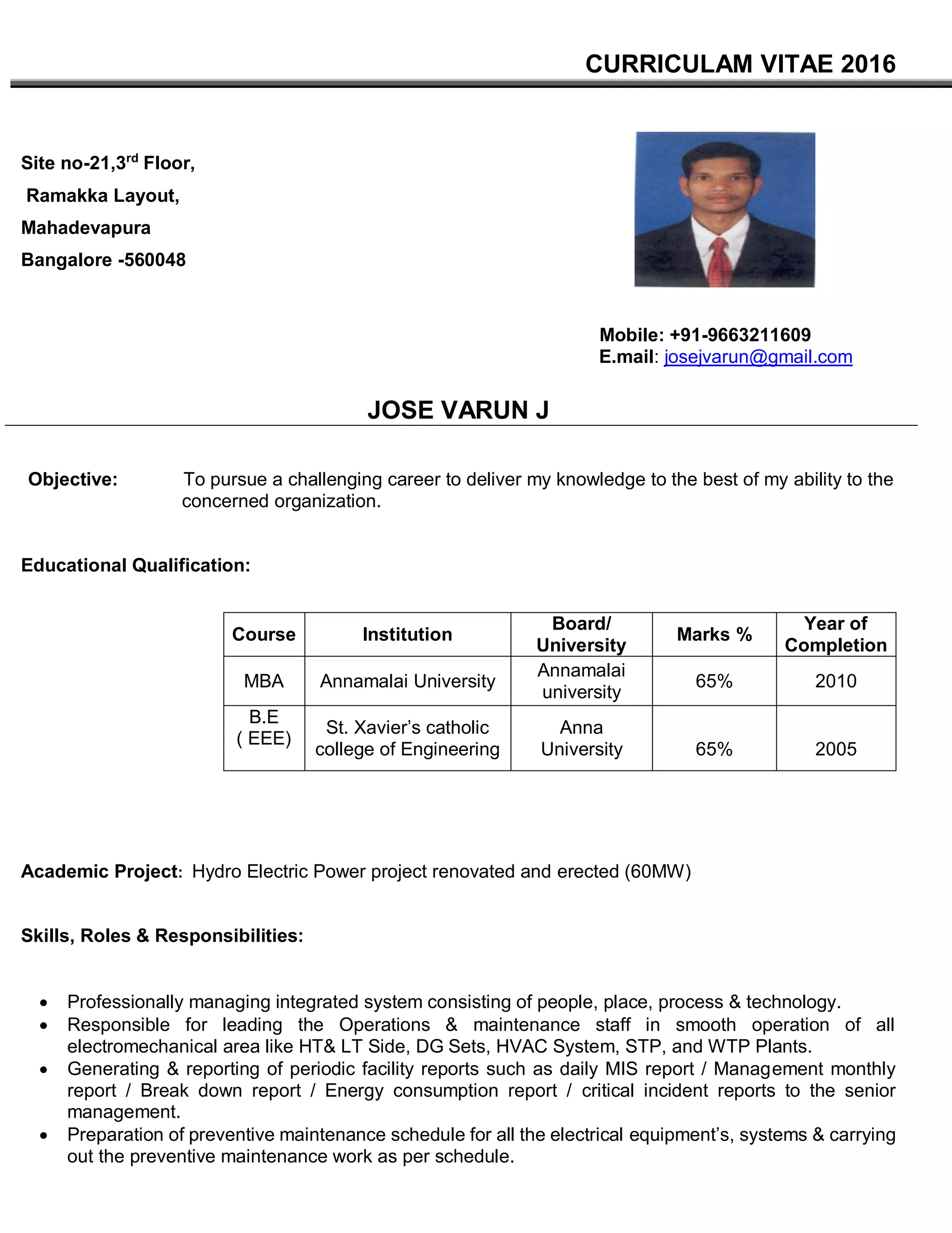jose varun-Technical - Assistant Facility Manager- resume | PDF