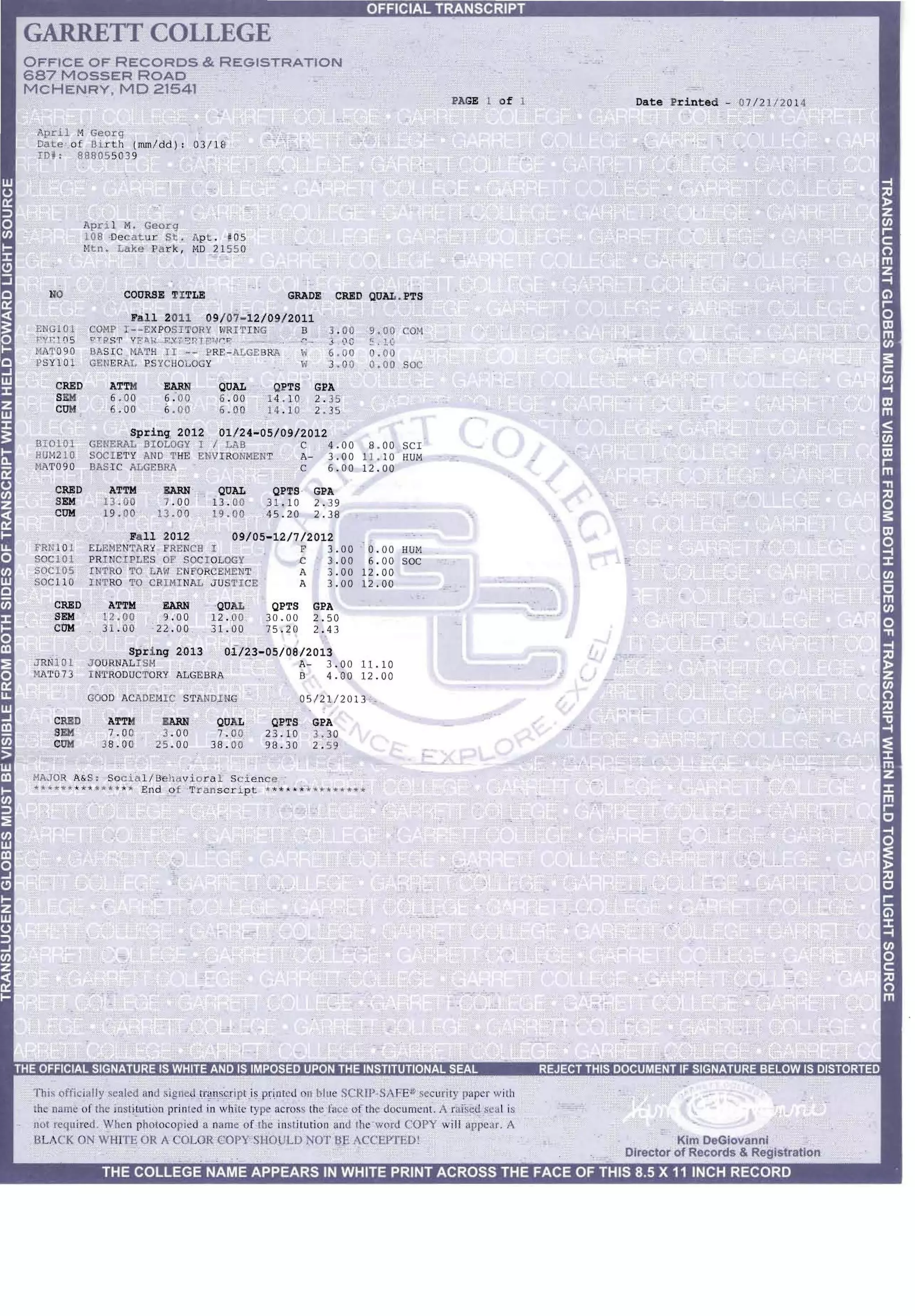 AG Garrett CollegeTranscript with Coding key | PDF
