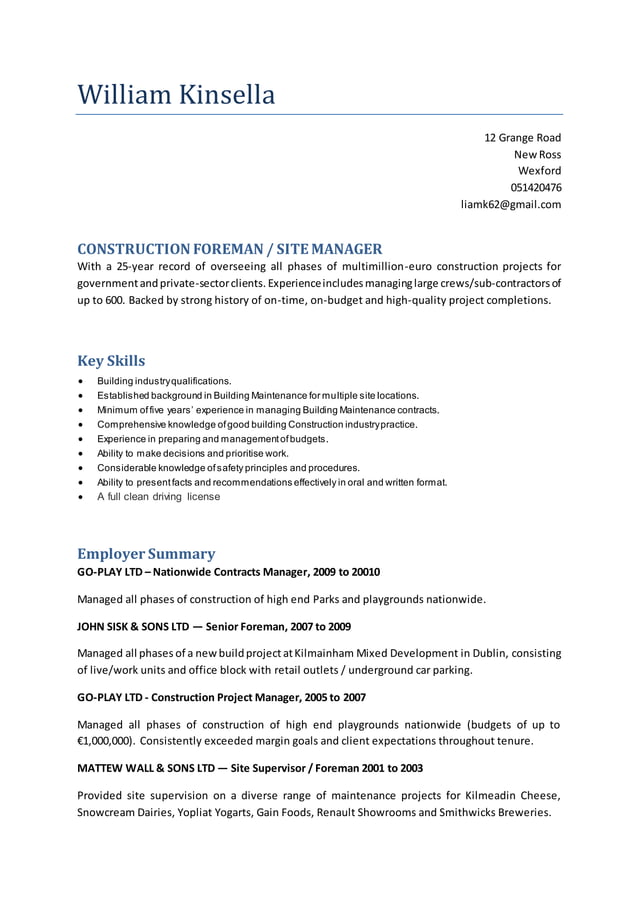 William Kinsella CV 2016 | PDF