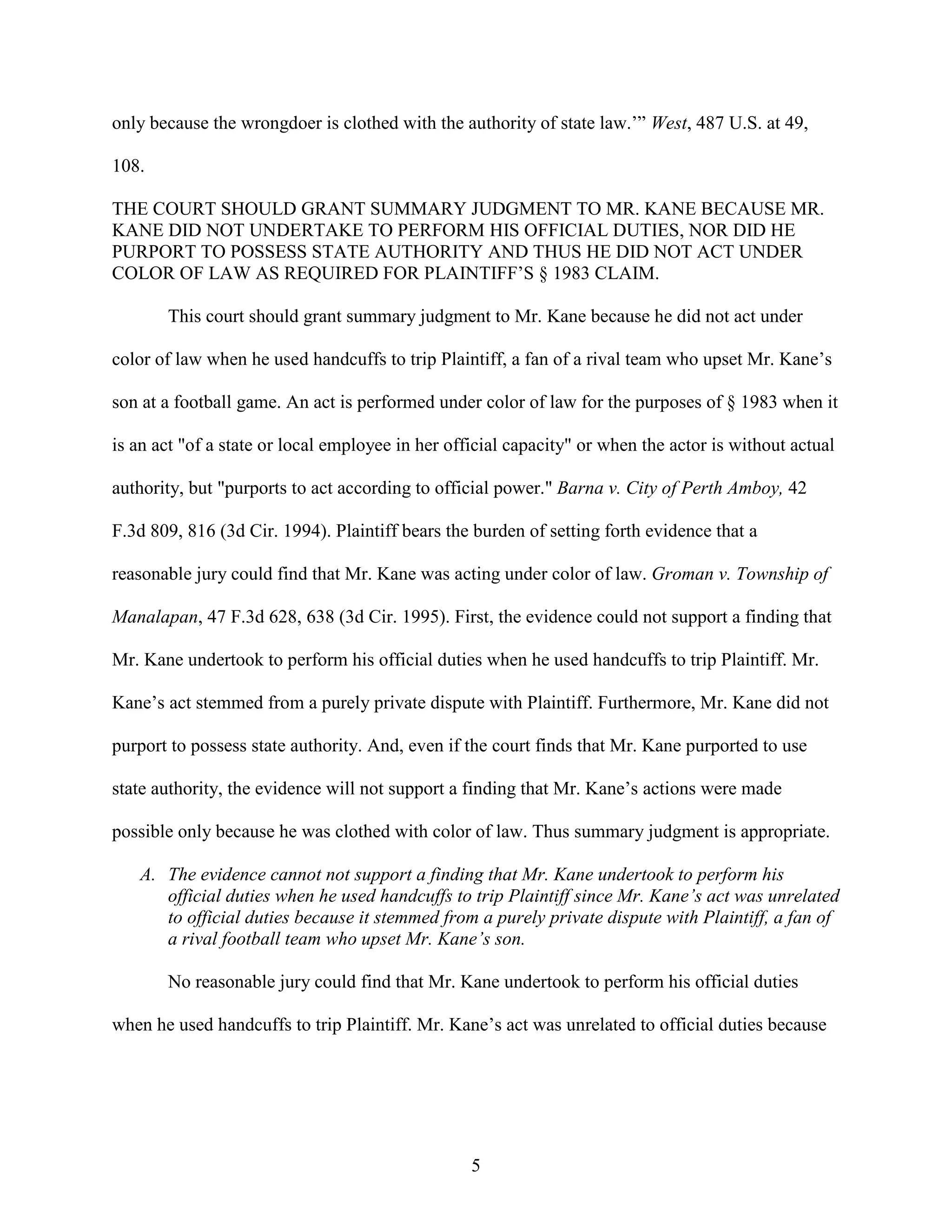 Summary Judgment Brief - 42 § 1983 - Color of Law | PDF