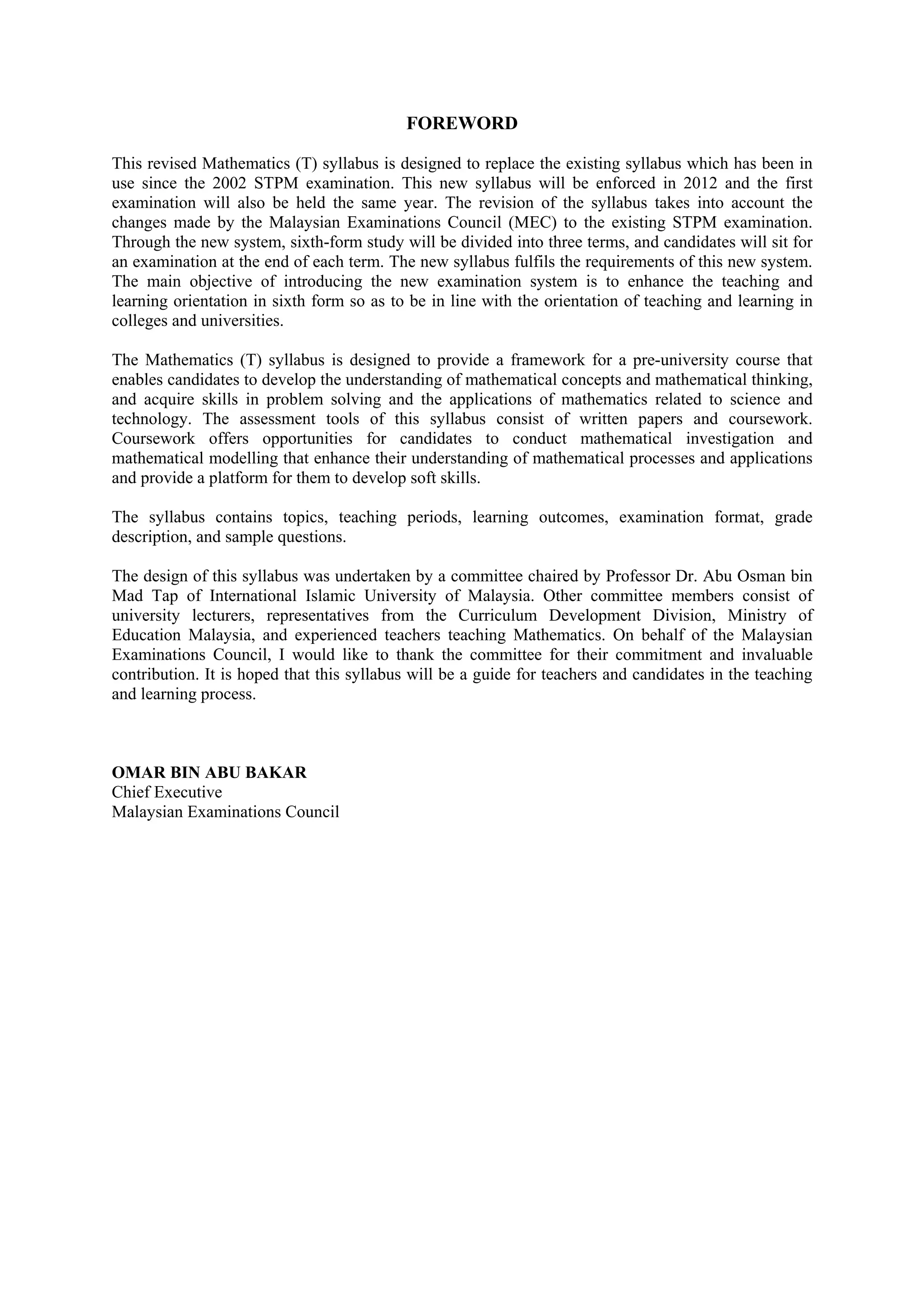 954 Sukatan Pelajaran Matematik (T) STPM (Baharu) | PDF