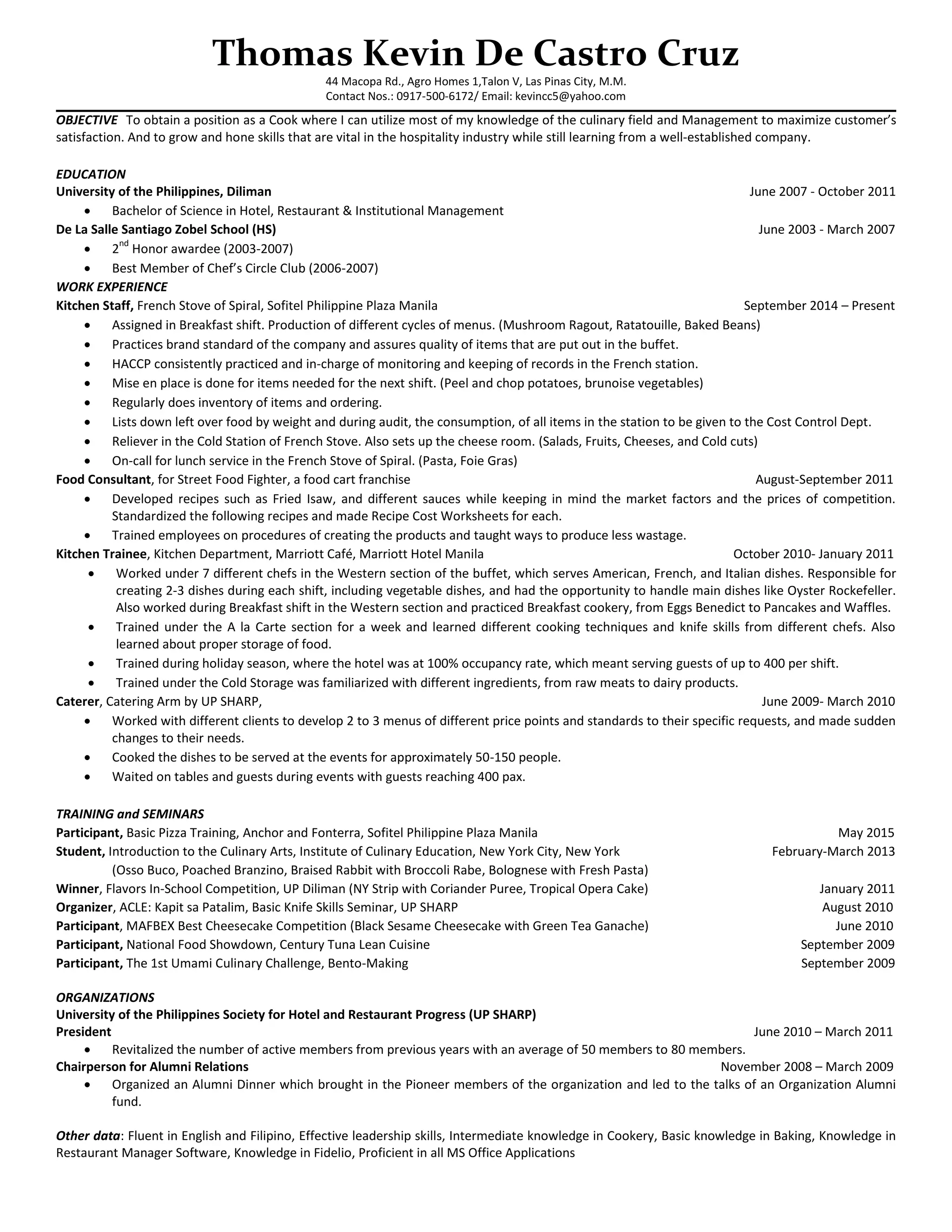 CV- THOMAS KEVIN DE CASTRO CRUZ updated | PDF | Food & Drink