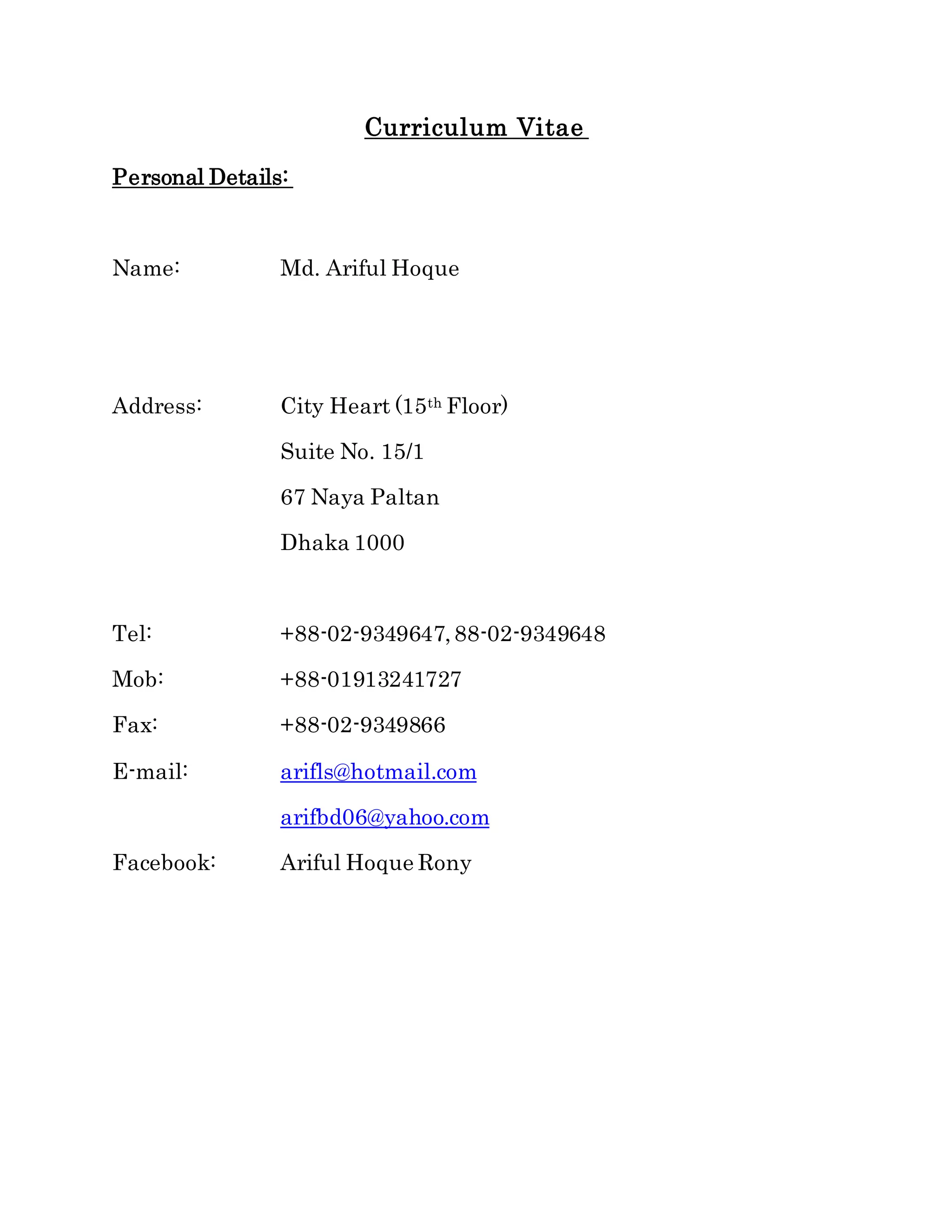 Curriculum Vitae of Md. Ariful Hoque (Lawyer) | DOCX