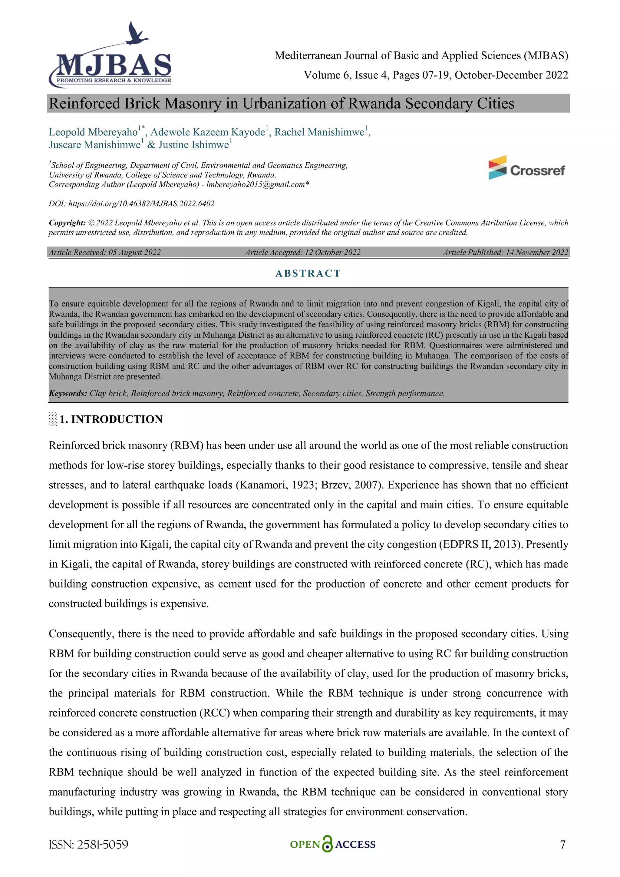 Reinforced Brick Masonry in Urbanization of Rwanda Secondary Cities | PDF
