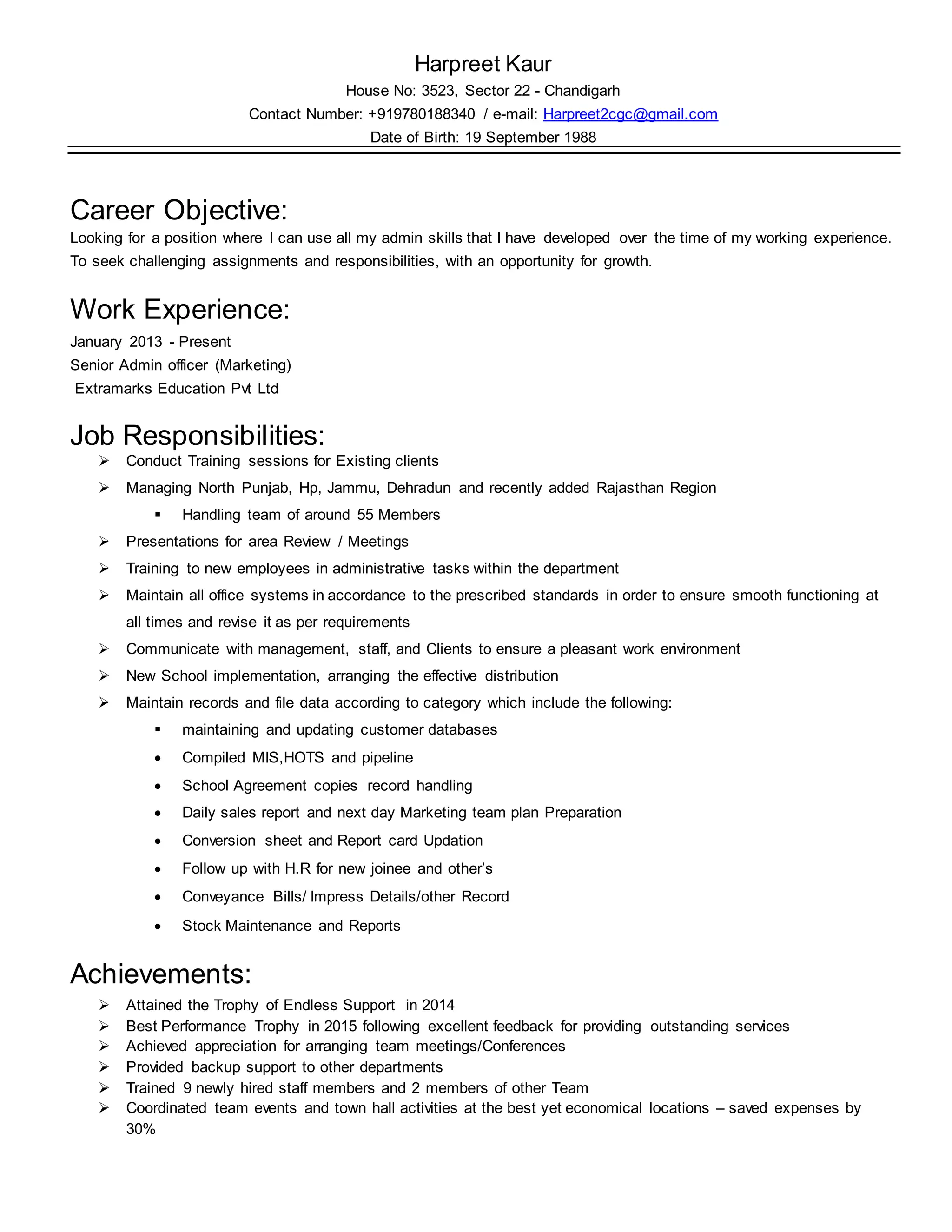 Resume- Harpreet Kaur | PDF