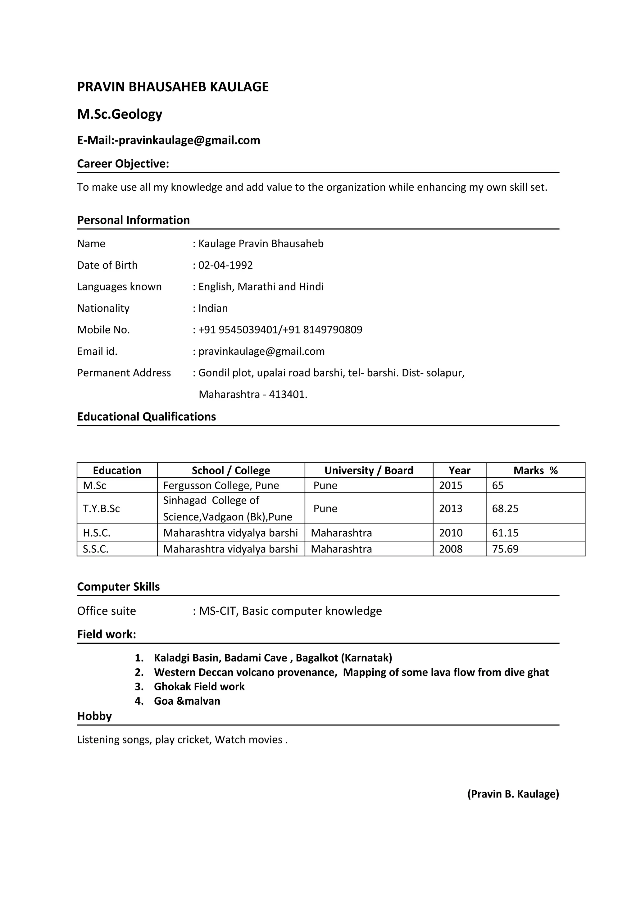 pravin resume | PDF | Geology | Science