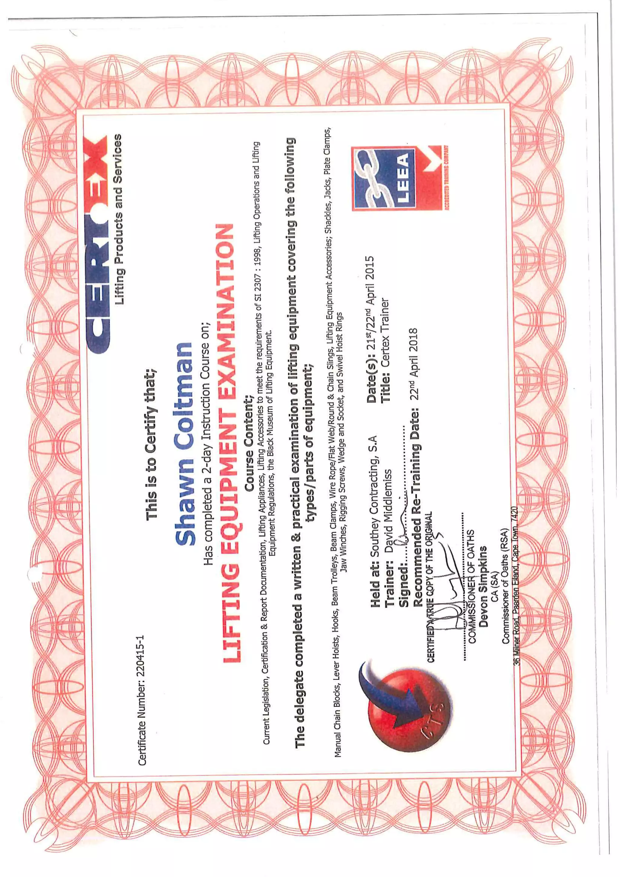Lifting Equipement Examnation Certificate | PDF