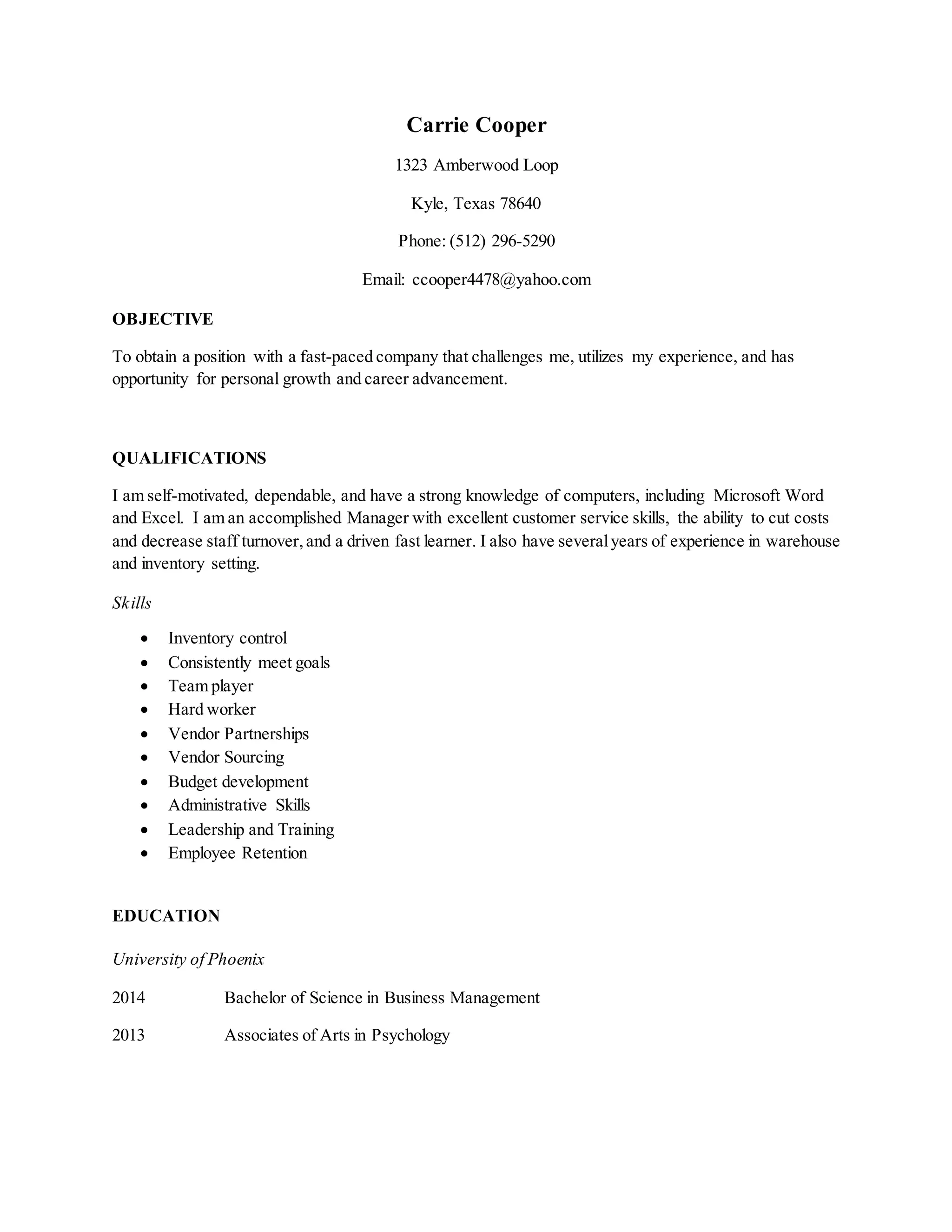 Carrie Cooper Resume | DOCX