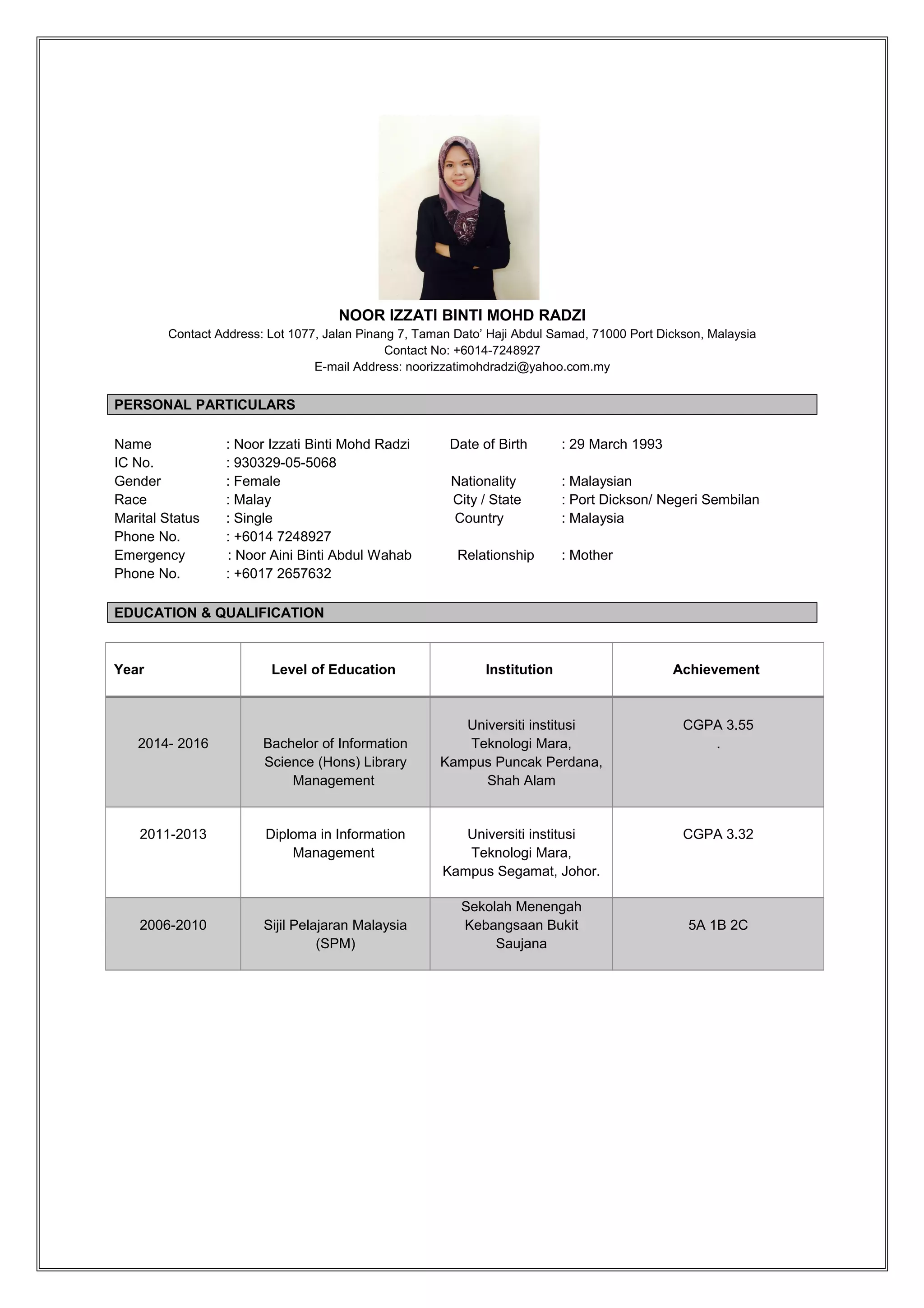 CV_Noor Izzati Binti Mohd Radzi | PDF
