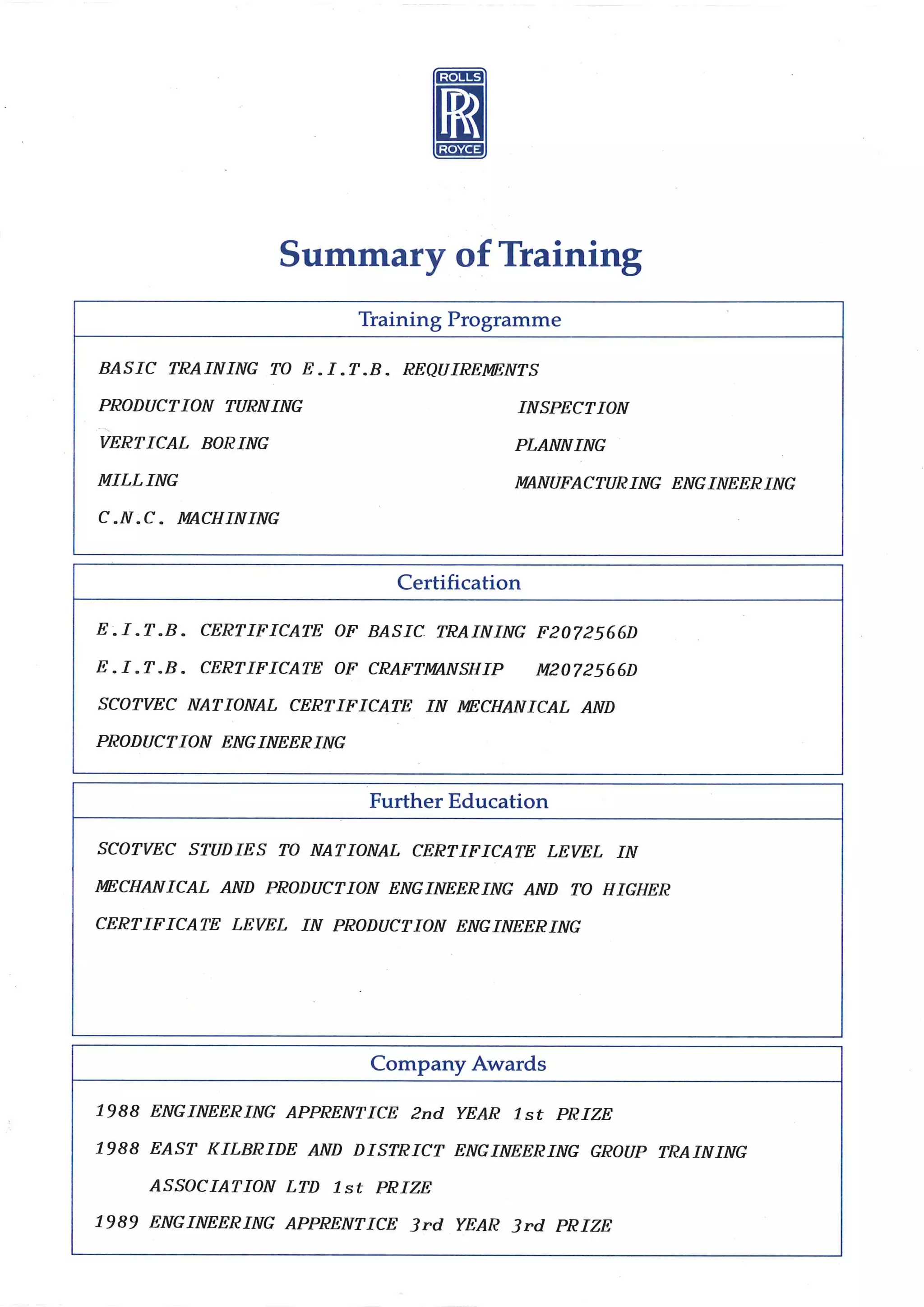 Rolls Royce Certificate of Training | PDF