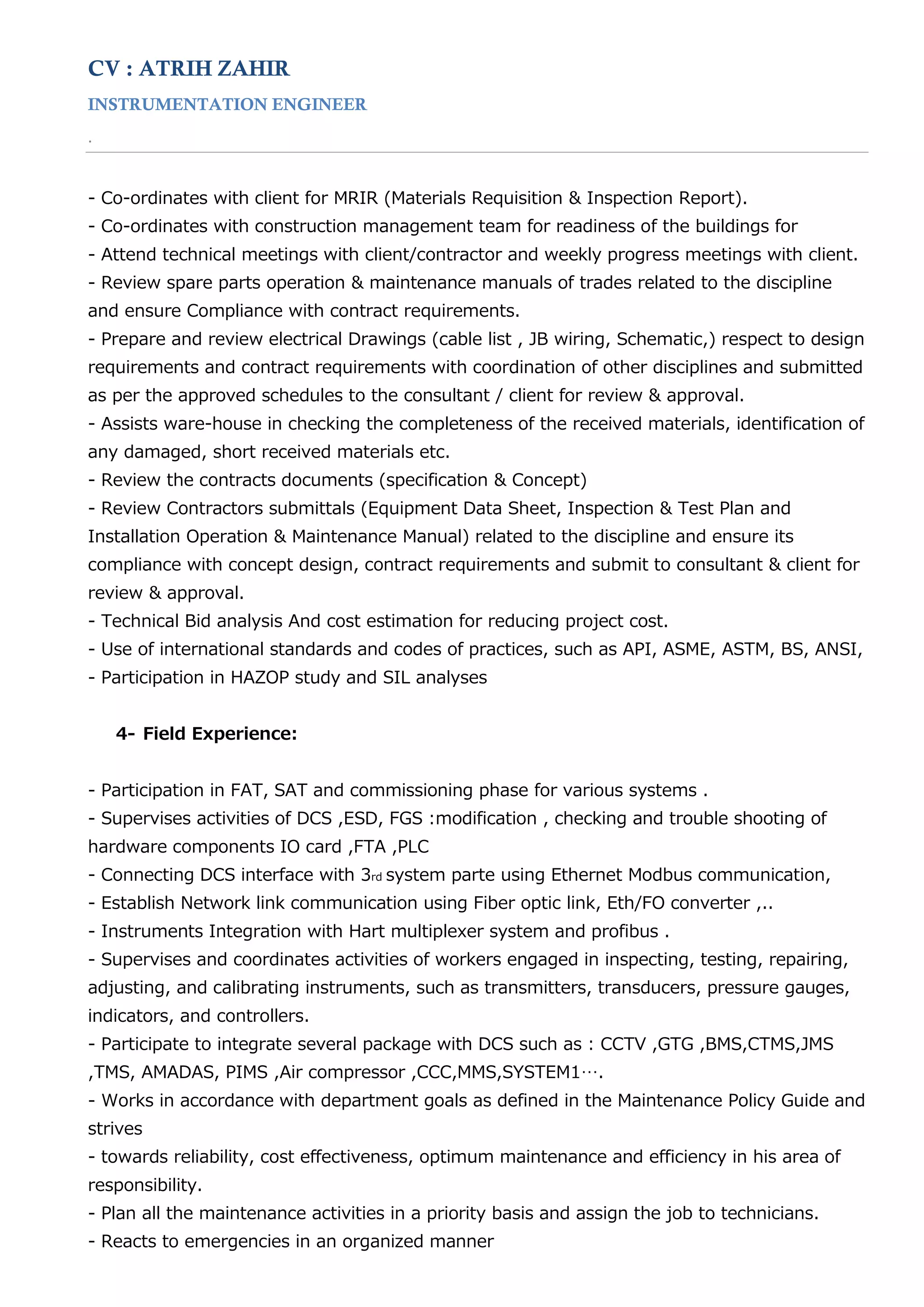 Resume instrumentation engineer | PDF | Civil Engineering Industry ...